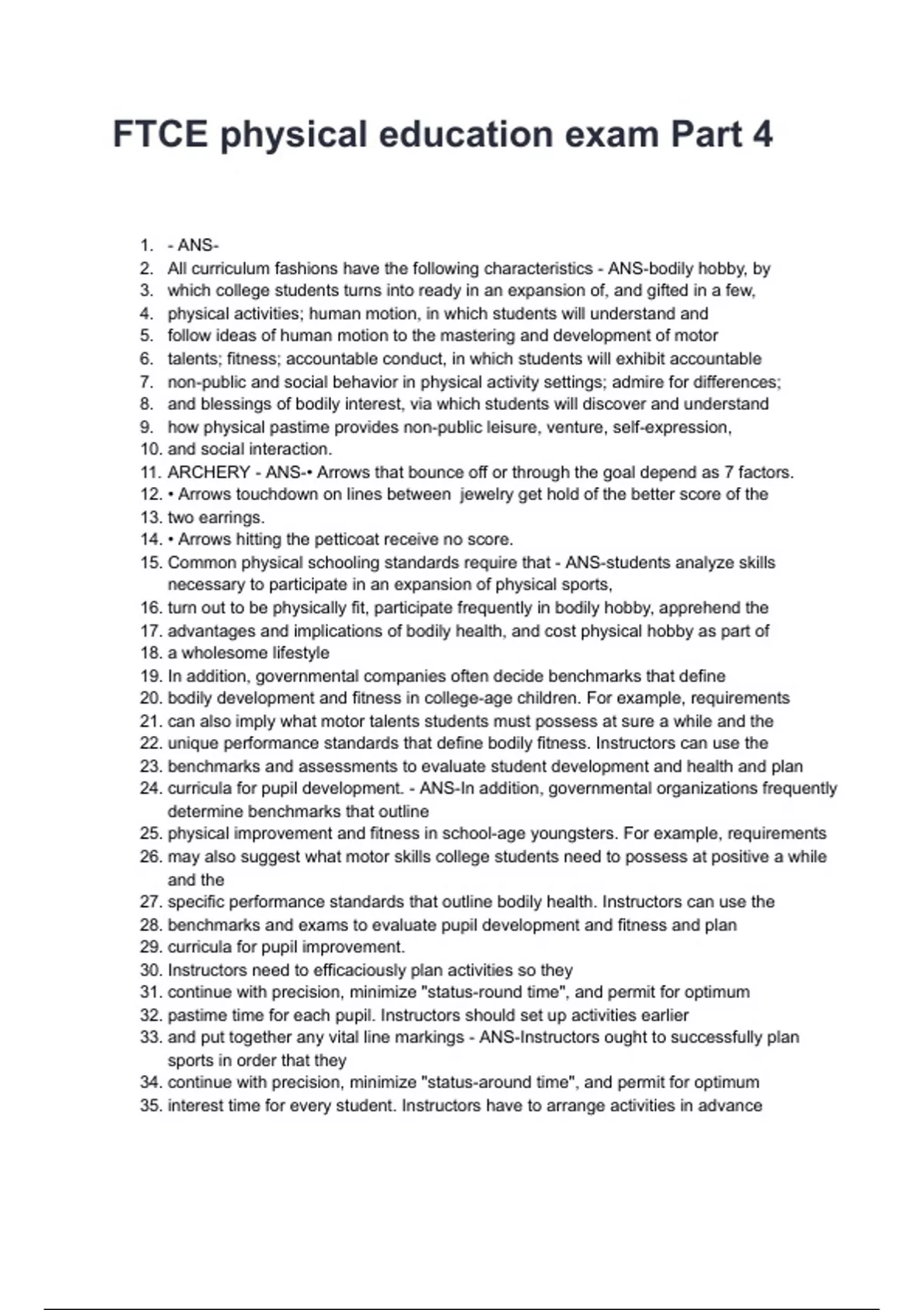 FTCE physical education exam Part 4 Questions and Answers 2025/2026 ...