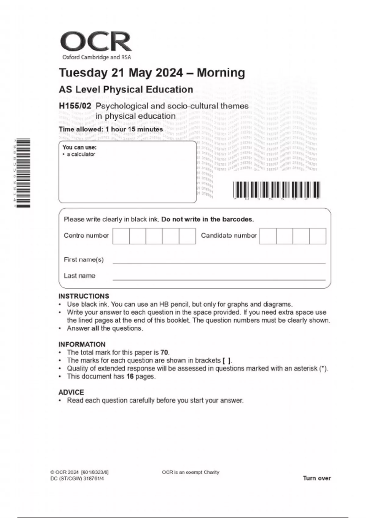 OCR AS Level Physical Education H155/02 Psychological and socio ...