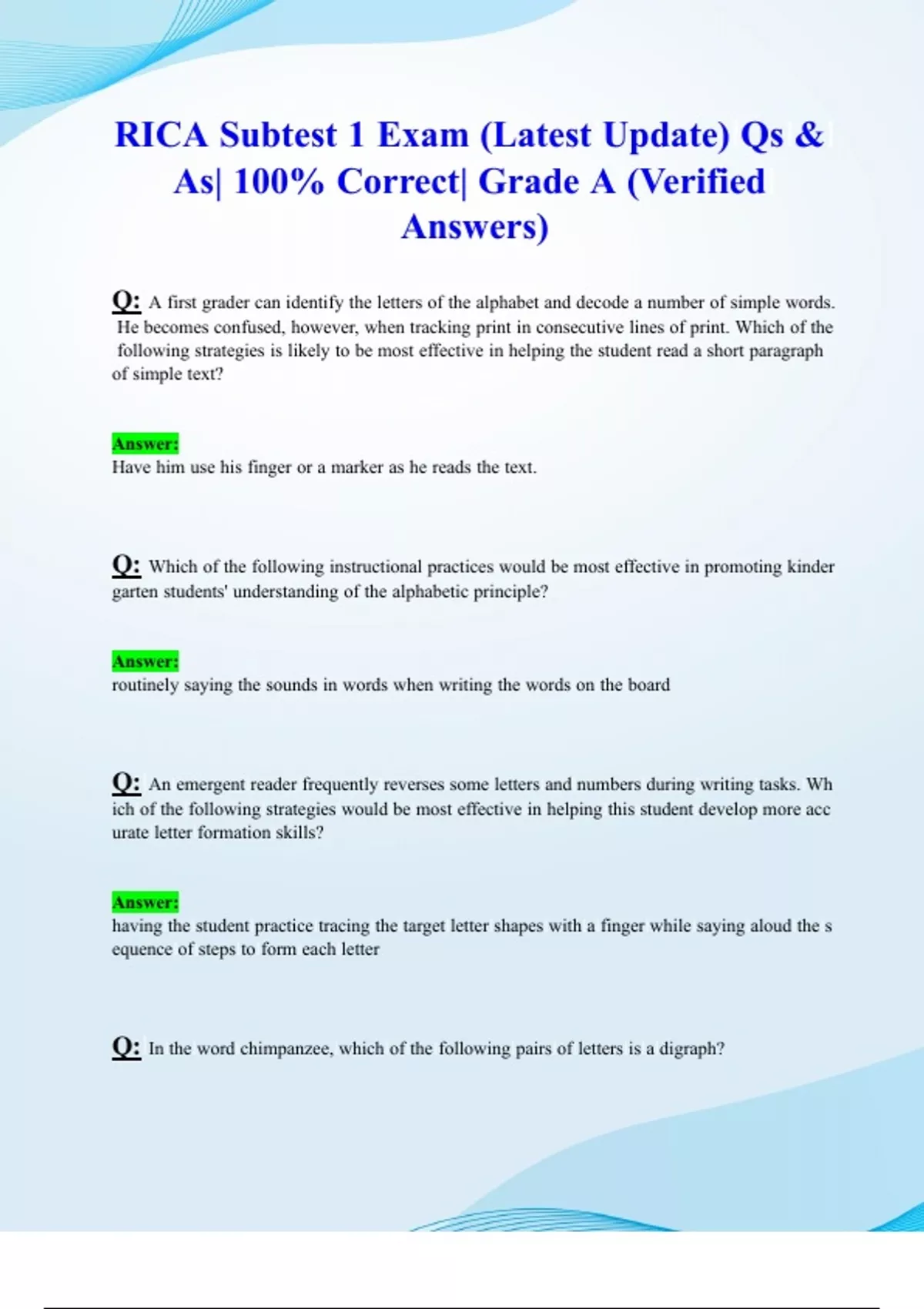 RICA Subtest 1 Exam (Latest 2024/ 2025 Update) Qs & As| 100% Correct ...