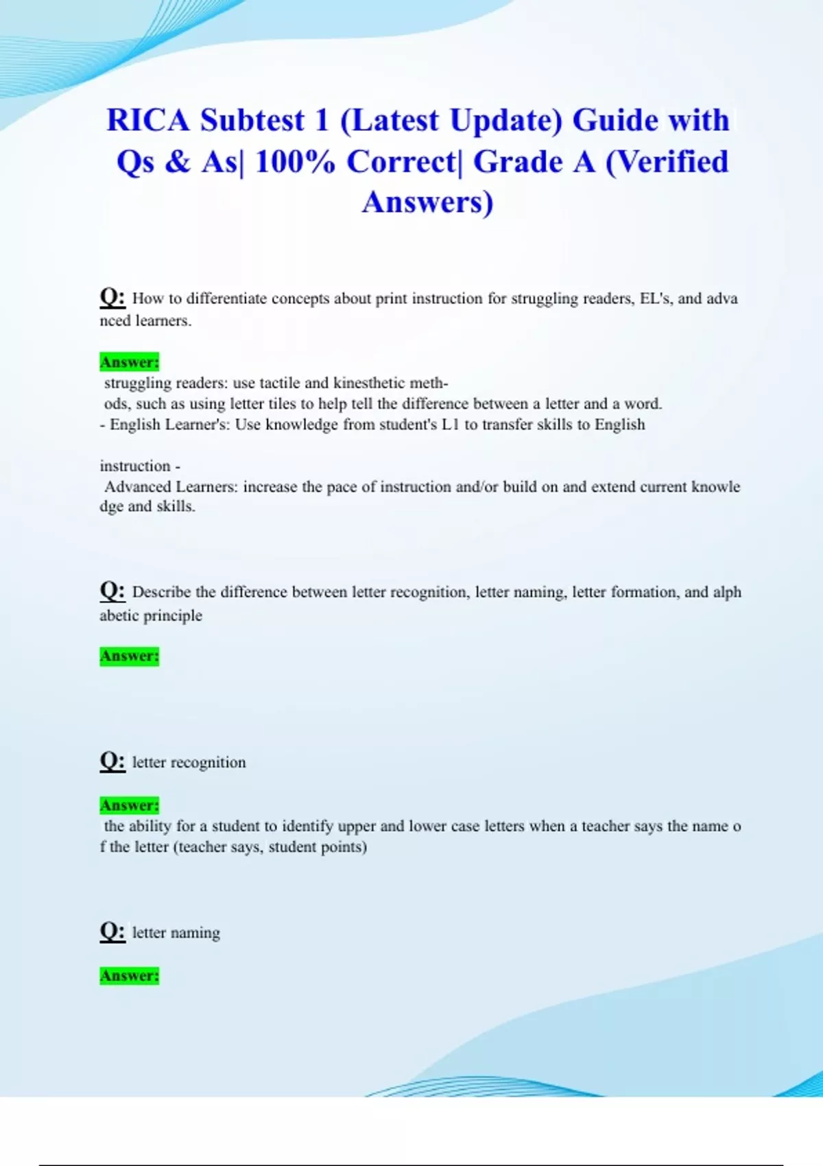 RICA Subtest 1 (Latest 2024/ 2025 Update) Guide with Qs & As| 100% ...