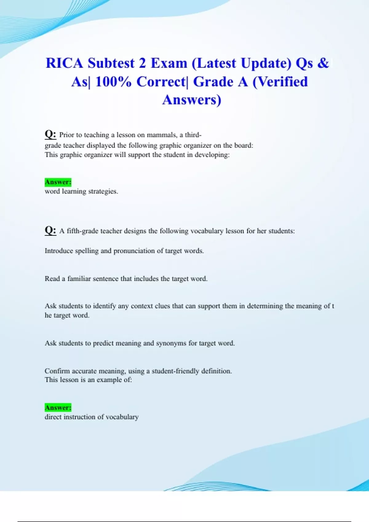 RICA Subtest 2 Exam (Latest 2024/ 2025 Update) Qs & As| 100% Correct ...