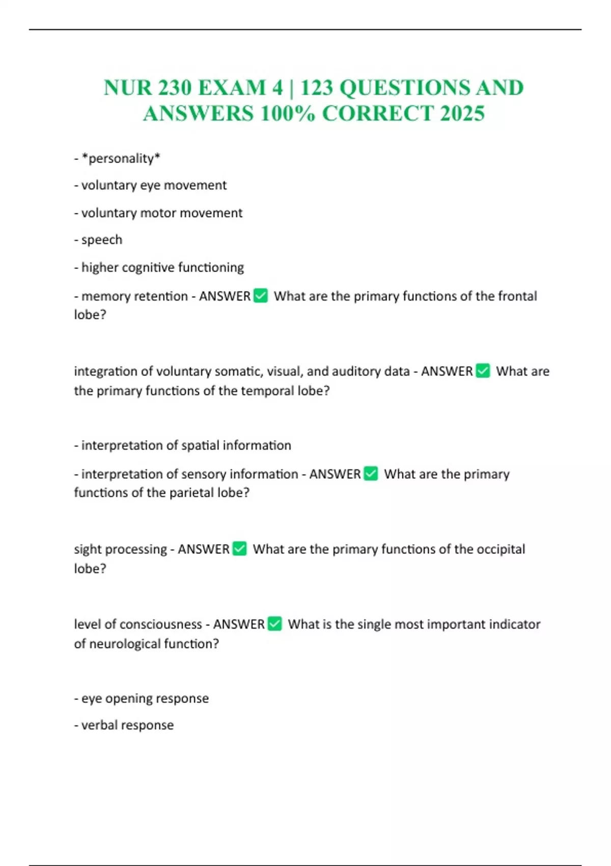 NUR 230 EXAM 4 | 123 QUESTIONS AND ANSWERS 100% CORRECT 2025 - NUR 230 ...