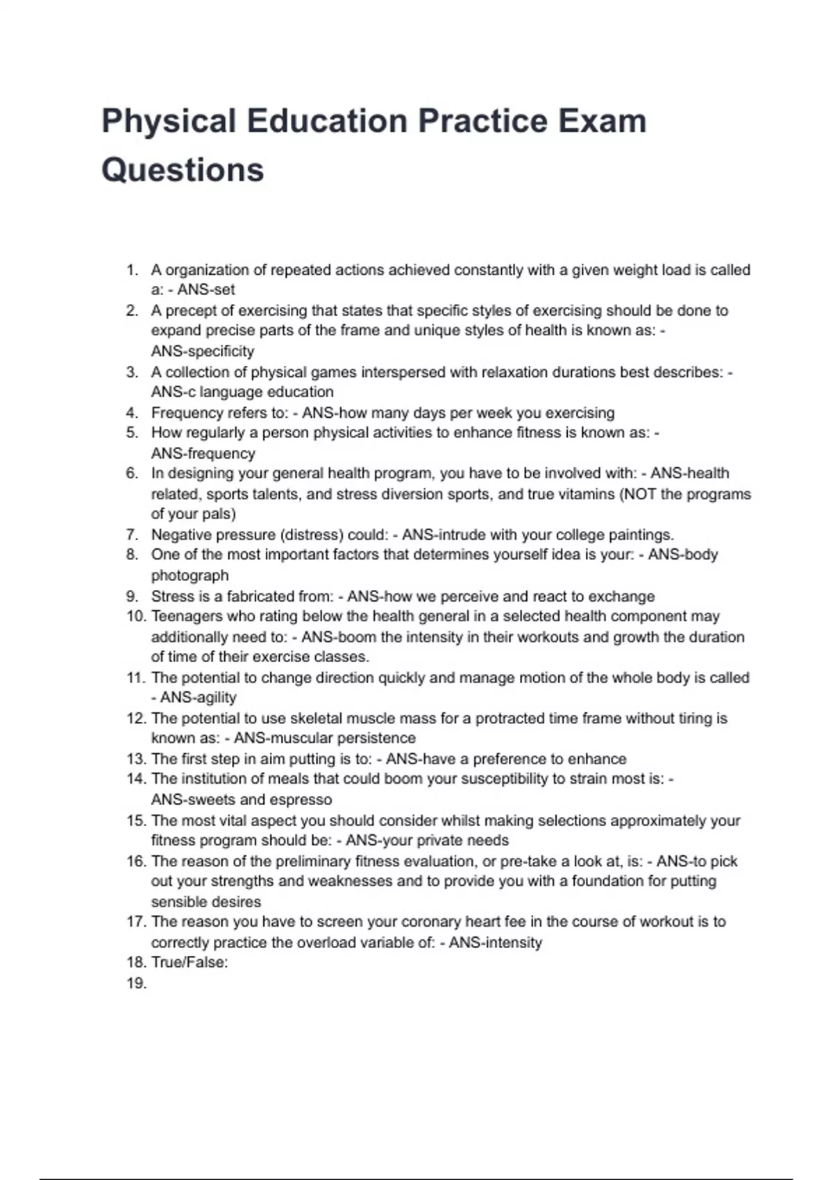 Physical Education Practice Exam Questions Questions and Answers 2025/ ...