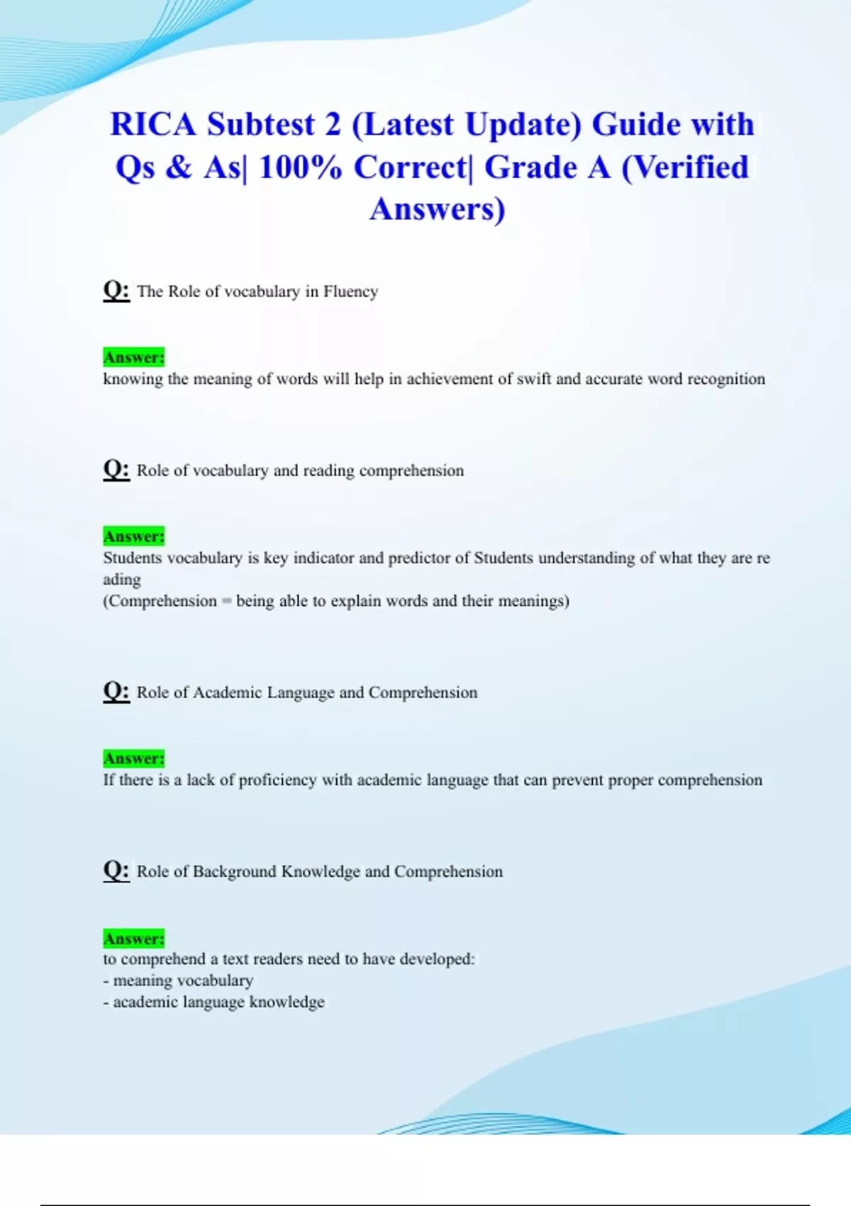 RICA Subtest 2 (Latest 2024/ 2025 Update) Guide with Qs & As| 100% ...