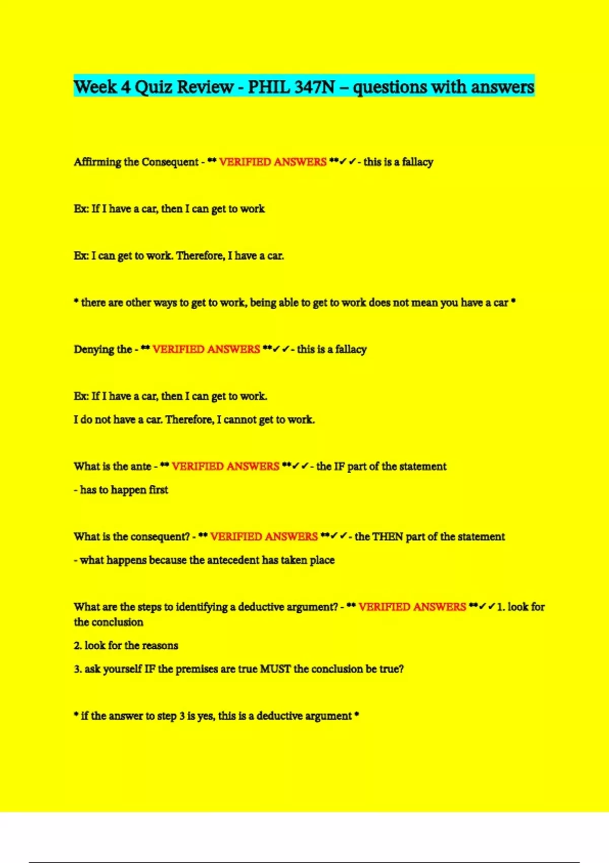Week 4 Quiz Review - PHIL 347N – questions with answers - PHIL 347 ...