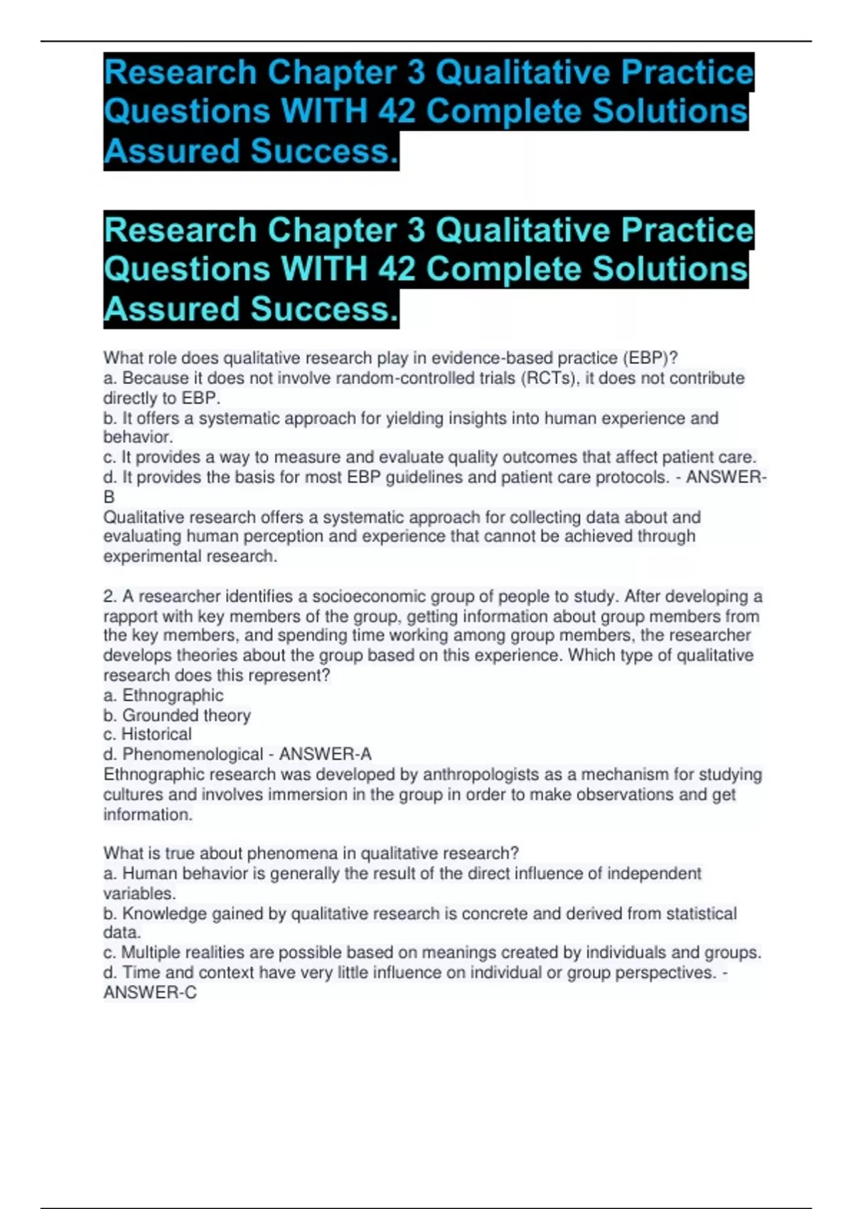 Research Chapter 3 Qualitative Practice Questions WITH 42 Complete ...
