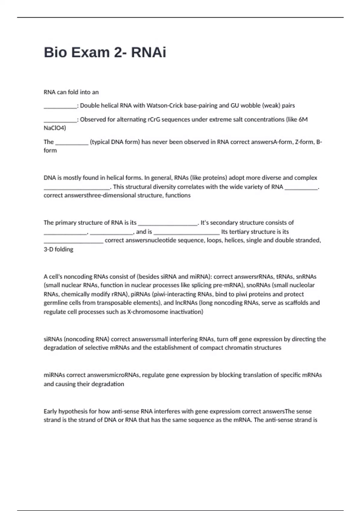 Bio Exam 2- RNAi 2024/2025 with 100% correct answers - Bio E2- RNAi ...