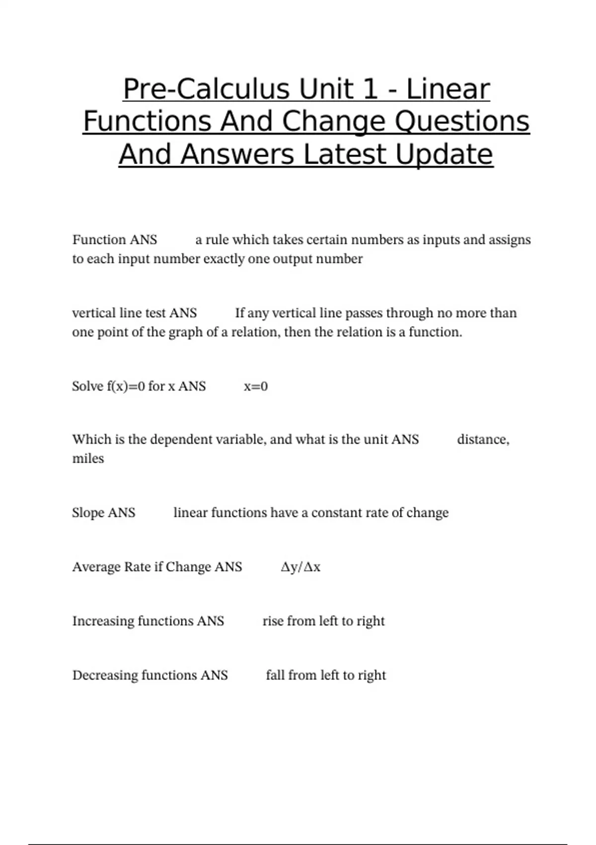 Pre-Calculus Unit 1 - Linear Functions And Change Questions And Answers ...
