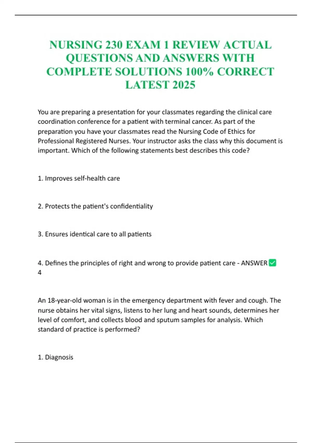 NURSING 230 EXAM 1 REVIEW ACTUAL QUESTIONS AND ANSWERS WITH COMPLETE ...