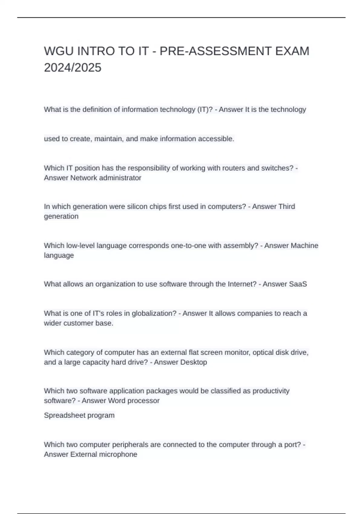 WGU INTRO TO IT - PRE-ASSESSMENT EXAM 2024/2025 - WGU INTRO TO IT ...