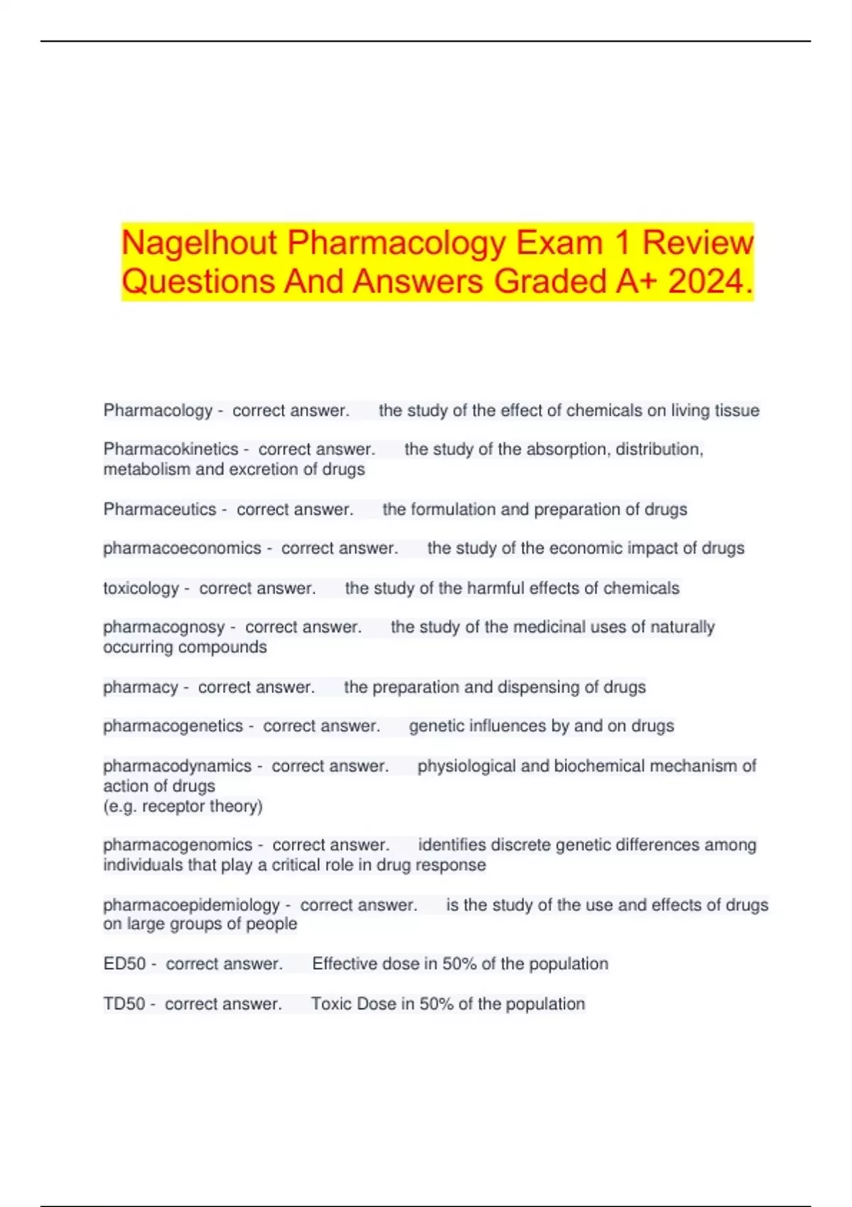 Nagelhout Pharmacology Exam 1 Review Questions And Answers Graded A+ ...