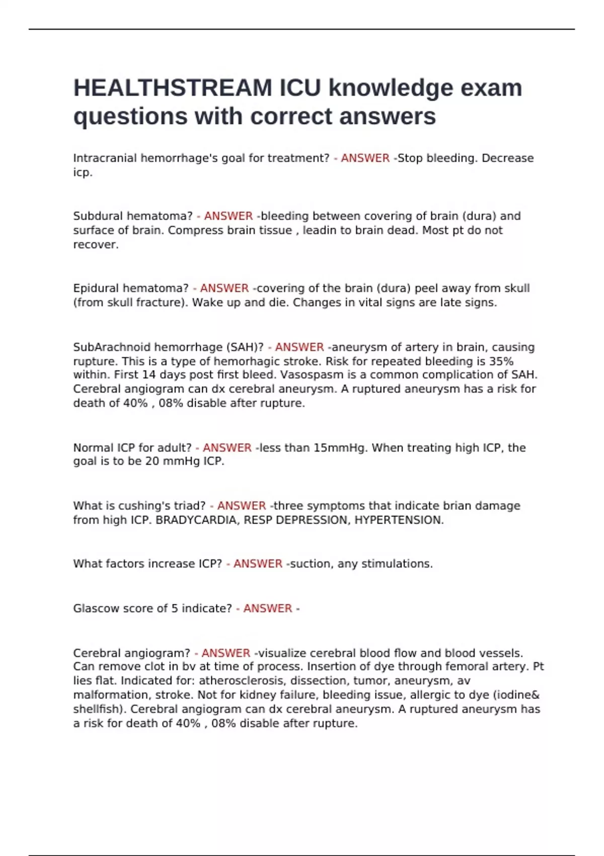 HEALTHSTREAM ICU knowledge exam questions with correct answers ...