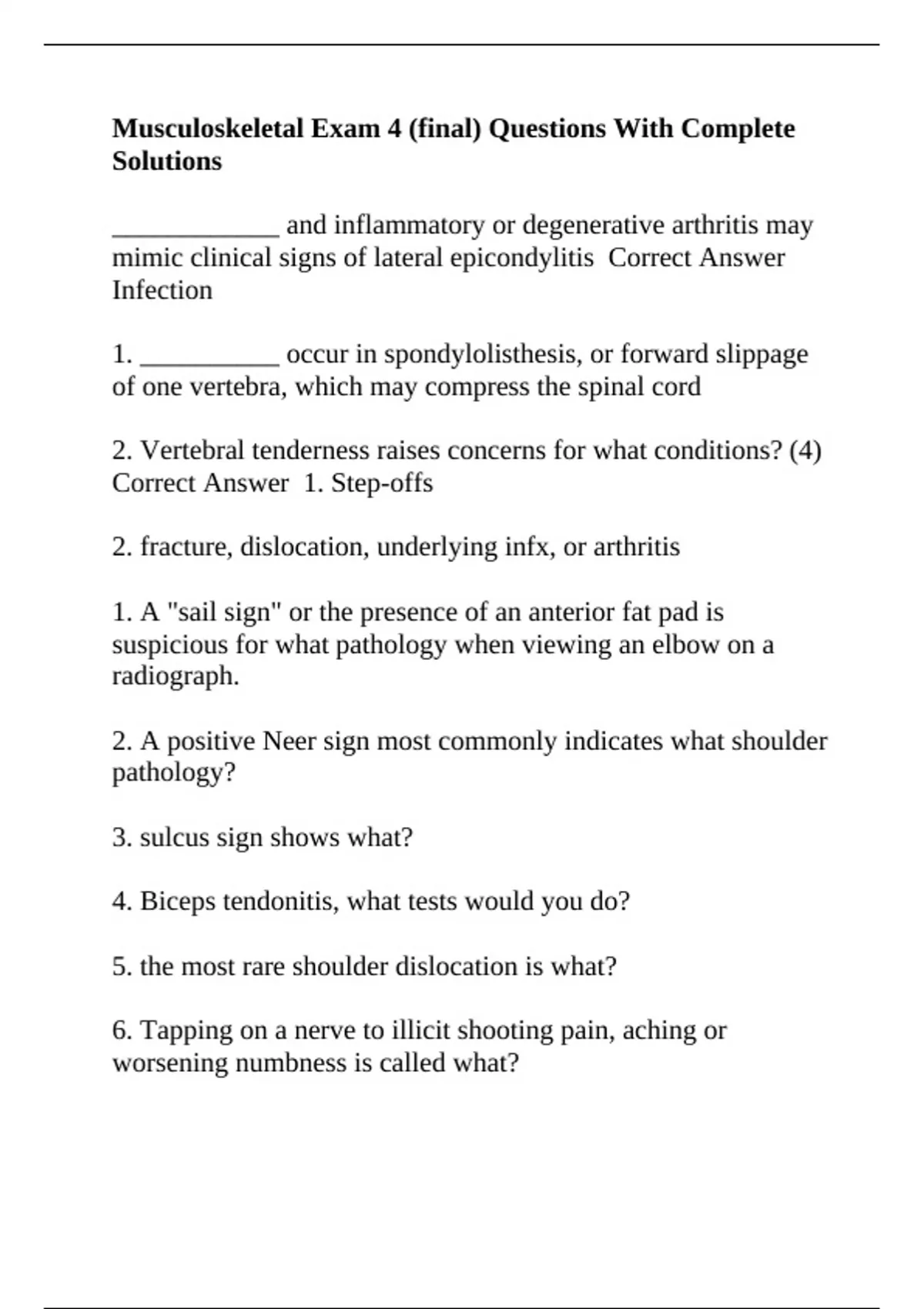 Musculoskeletal Exam 4 (final) Questions With Complete Solutions ...