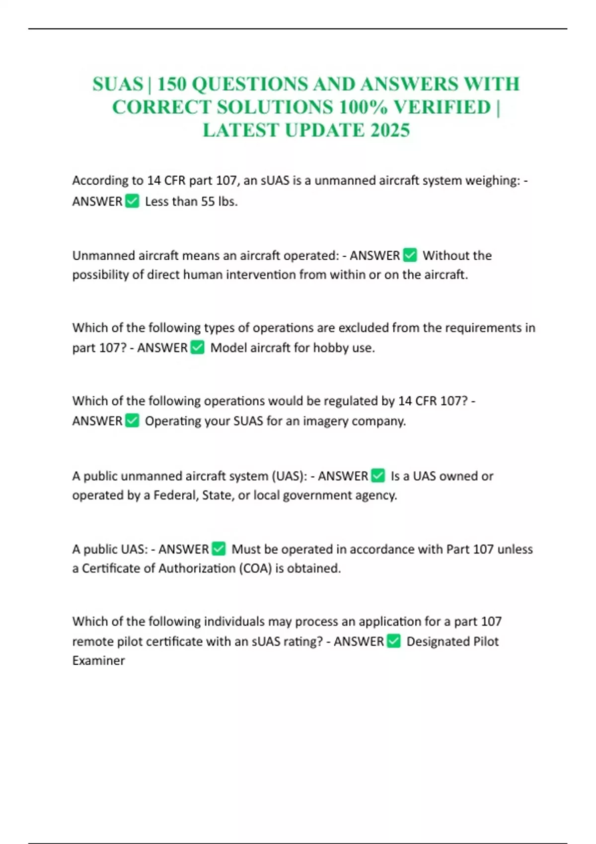 SUAS | 150 QUESTIONS AND ANSWERS WITH CORRECT SOLUTIONS 100% VERIFIED ...