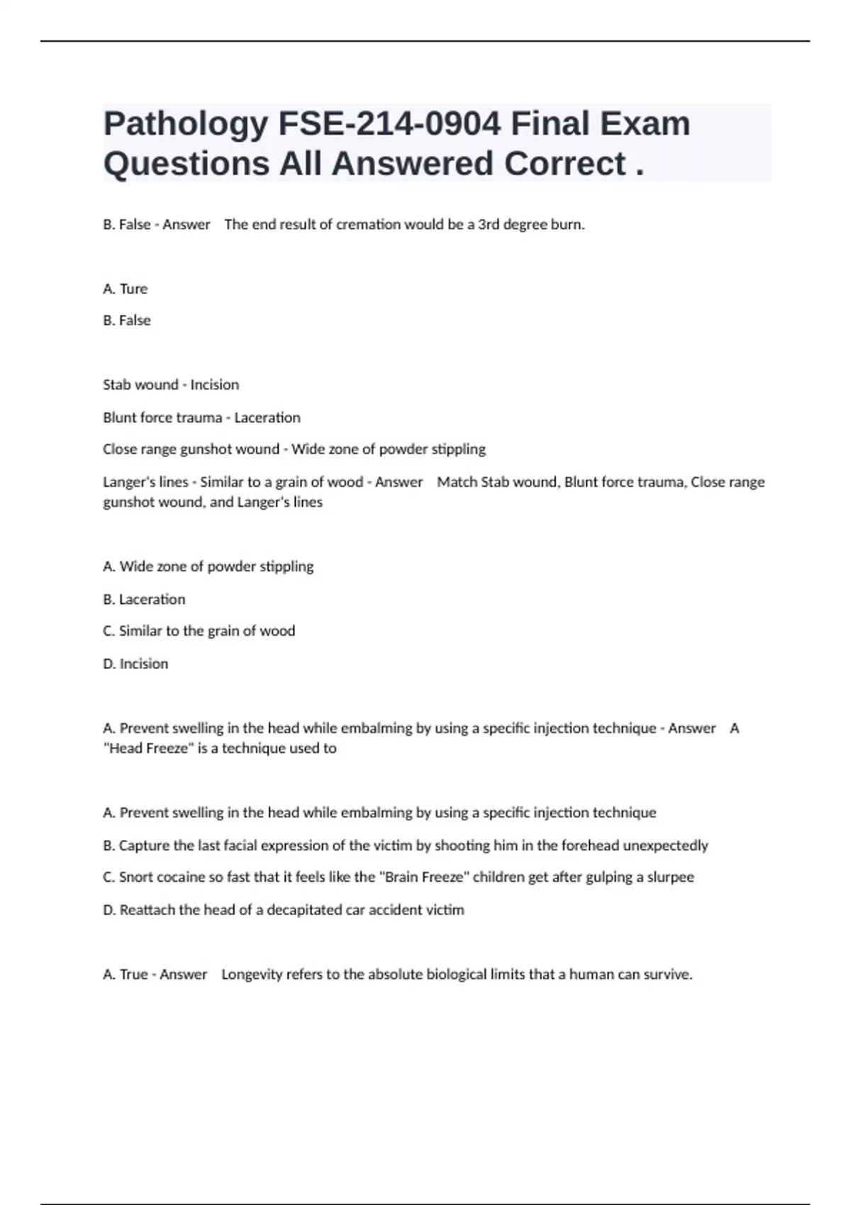 Pathology FSE-214-0904 Final Exam Questions All Answered Correct ...