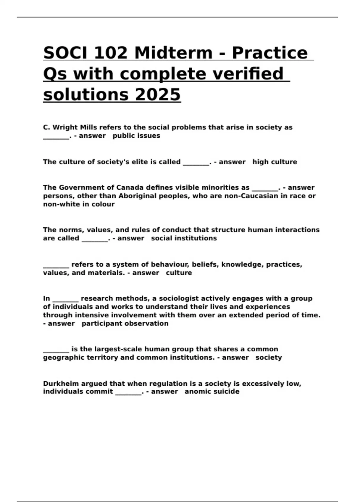 SOCI 102 Midterm - Practice Qs with complete verified solutions 2025 - SOCI - Stuvia US