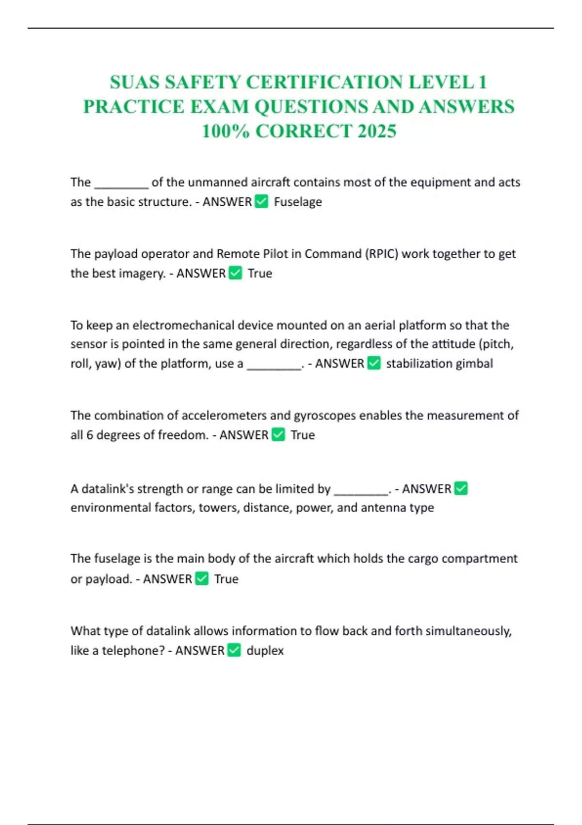 SUAS SAFETY CERTIFICATION LEVEL 1 PRACTICE EXAM QUESTIONS AND ANSWERS ...