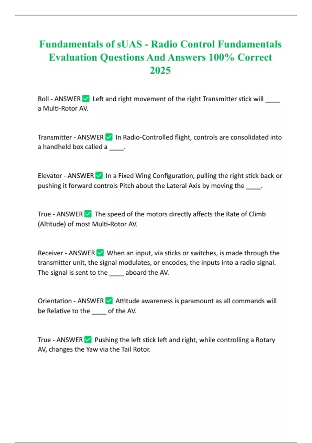 Fundamentals of sUAS - Radio Control Fundamentals Evaluation Questions ...
