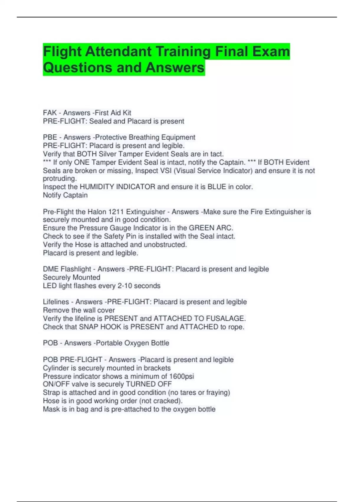 Flight Attendant Training Final Exam Questions and Answers - Flight ...