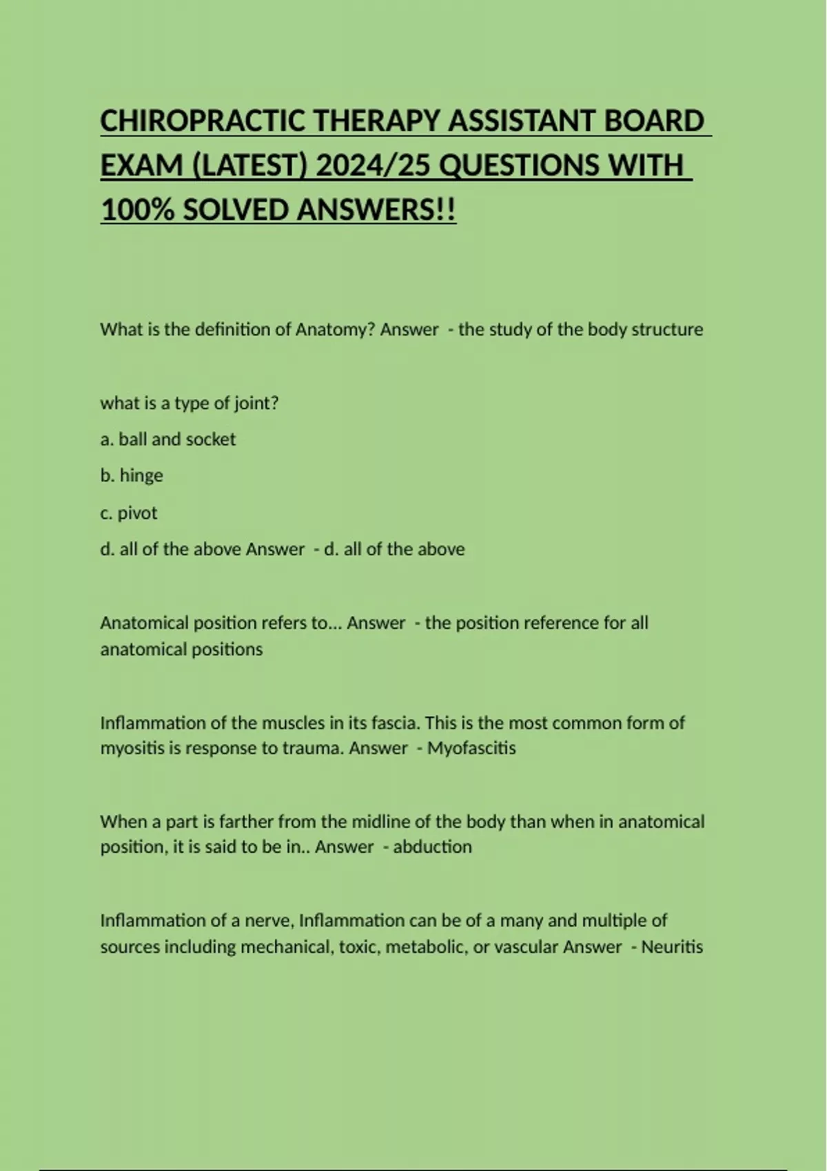 CHIROPRACTIC THERAPY ASSISTANT BOARD EXAM (LATEST) 2024/25 QUESTIONS ...