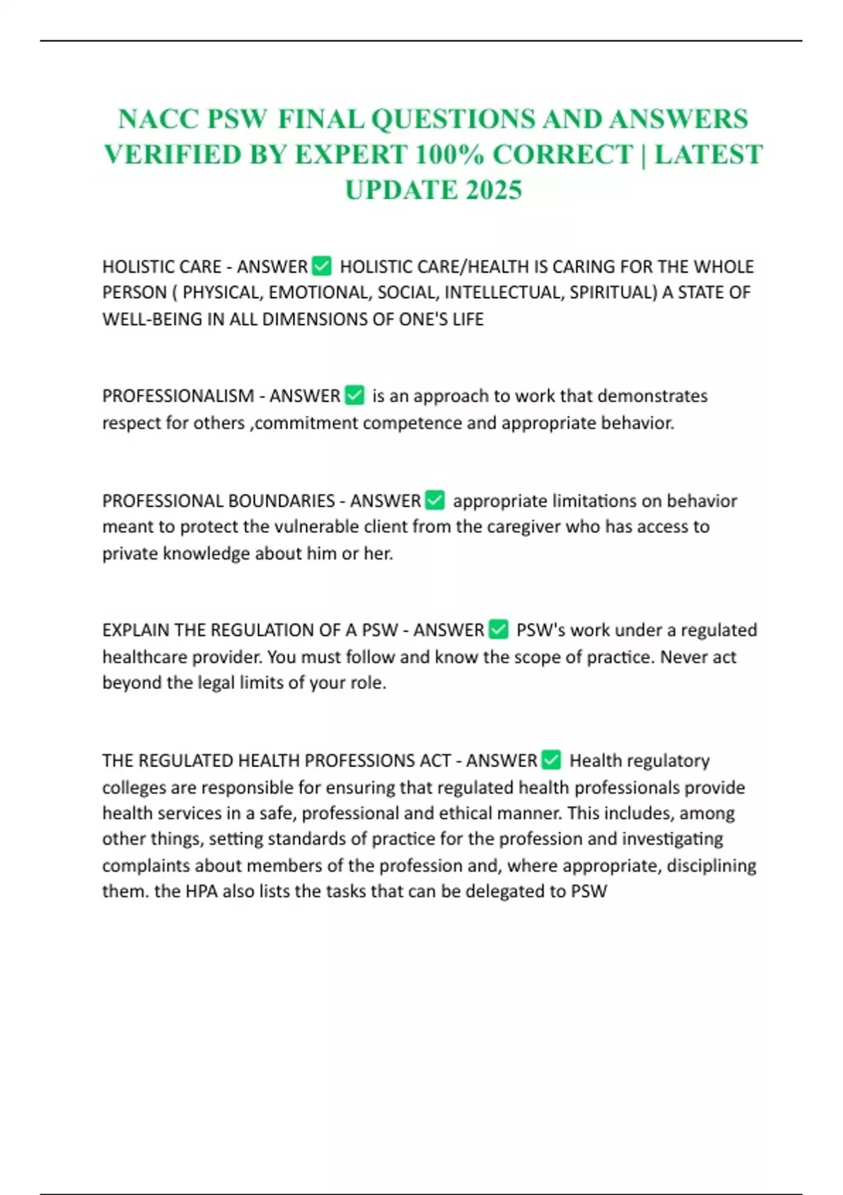 NACC PSW FINAL QUESTIONS AND ANSWERS VERIFIED BY EXPERT 100% CORRECT ...