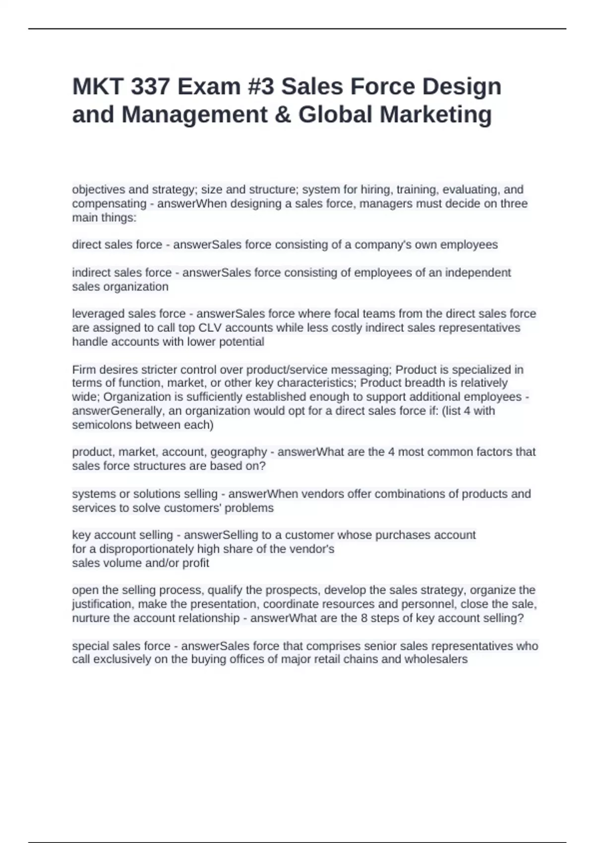 MKT 337 Exam -3 Sales Force Design and Management & Global Marketing Questions with Solutions ...