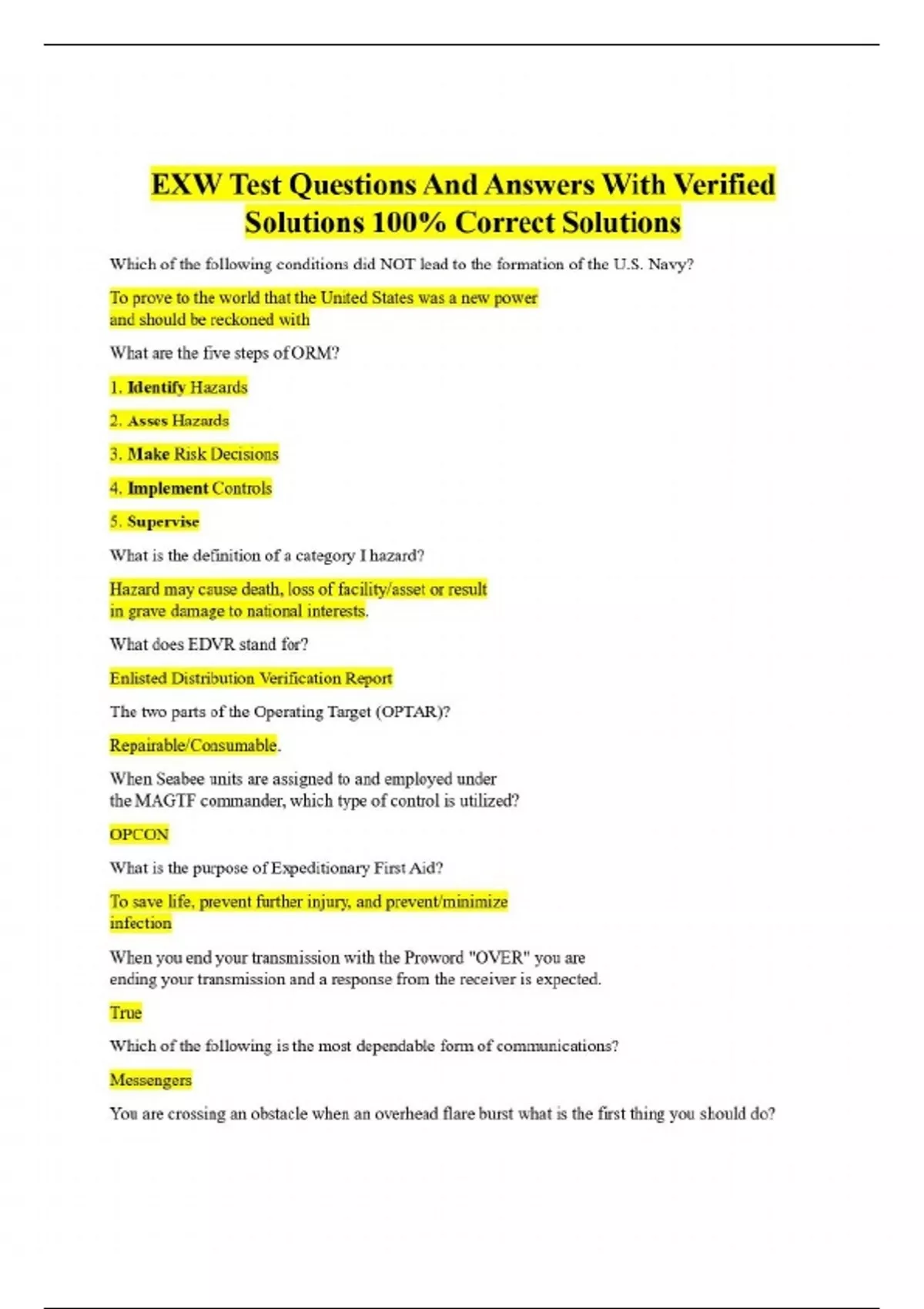 EXW Test Questions And Answers With Verified Solutions 100% Correct ...