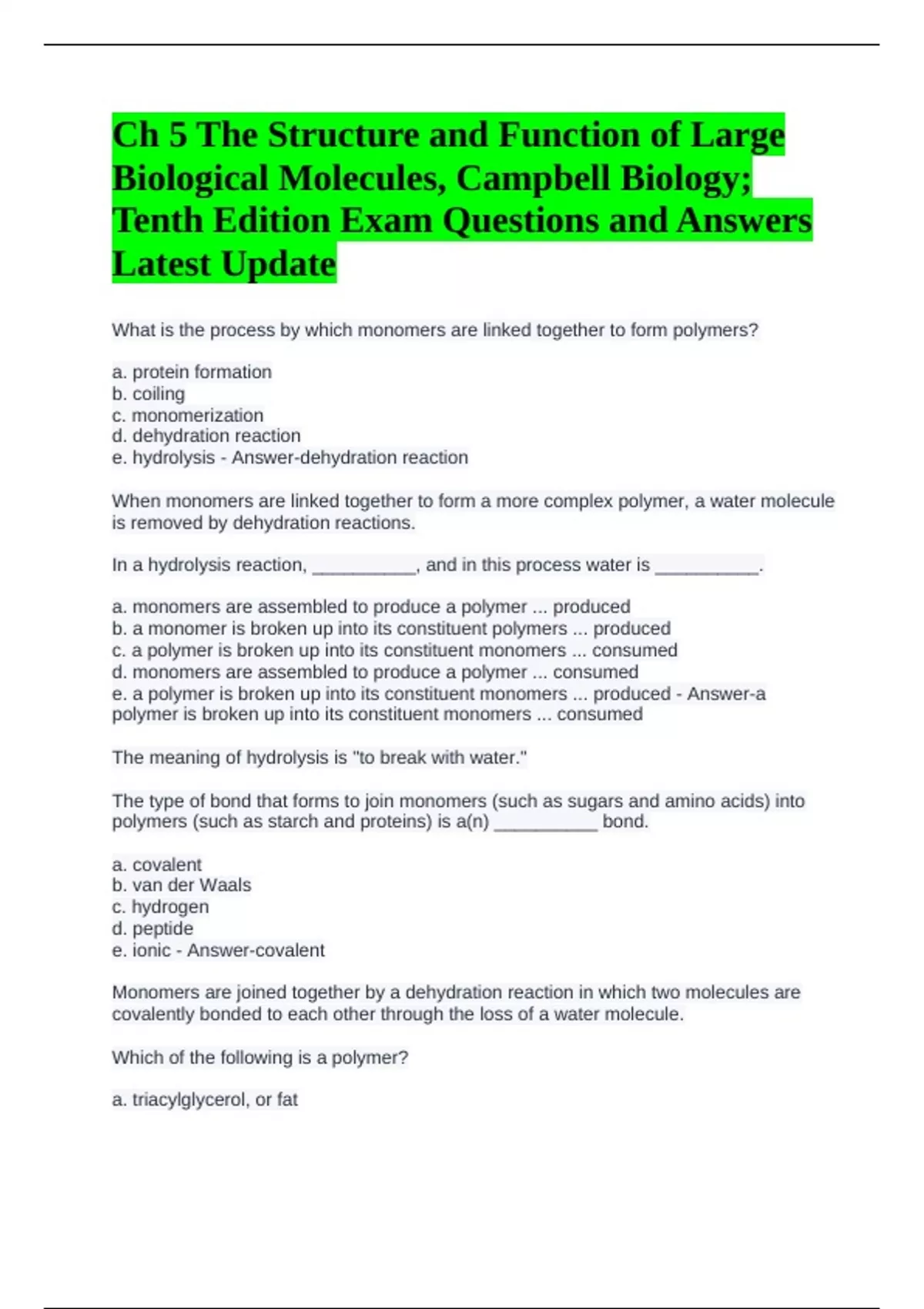 Ch 5 The Structure and Function of Large Biological Molecules, Campbell Biology; Tenth Edition ...