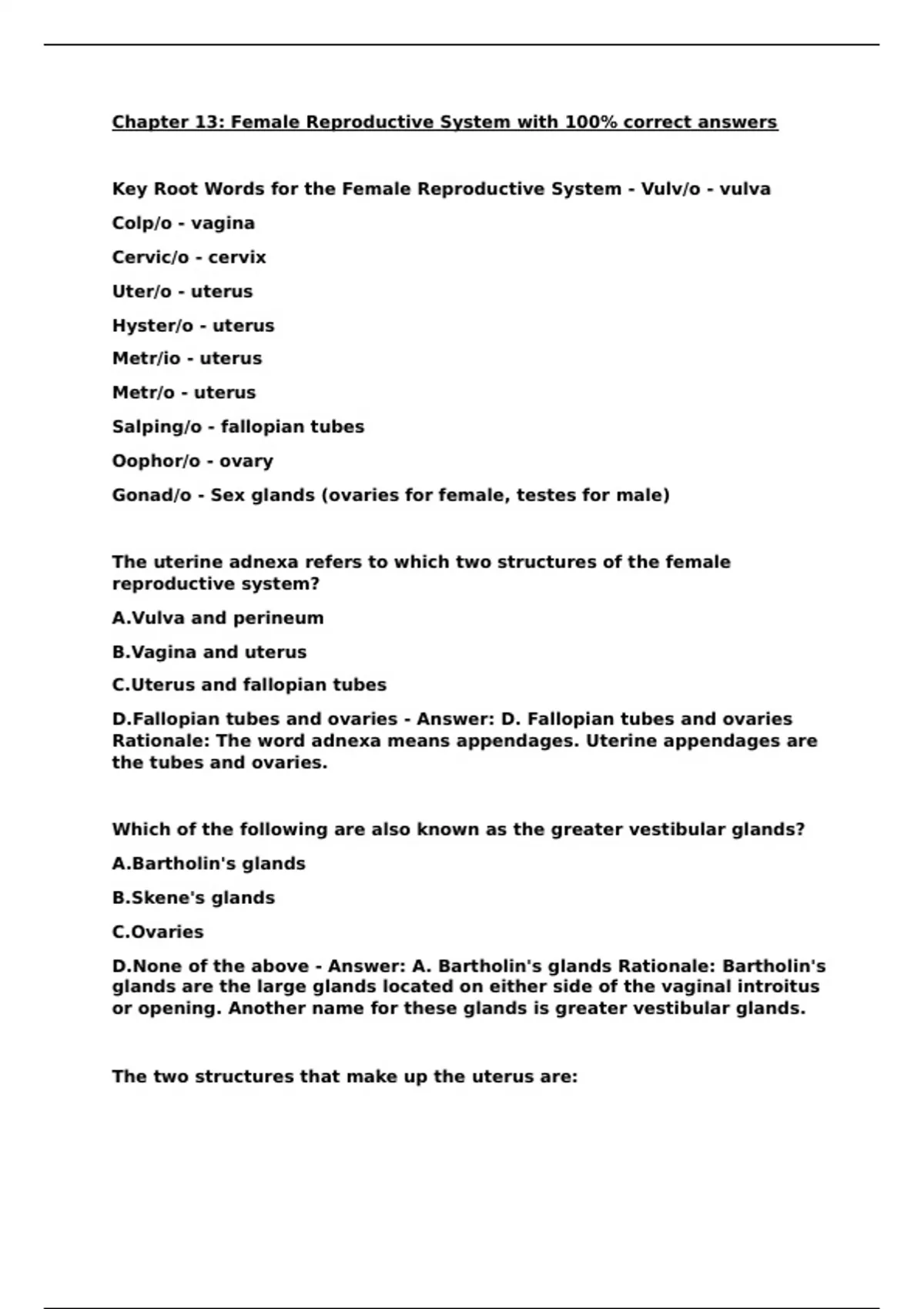 Chapter 13 Female Reproductive System with 100- correct answers ...