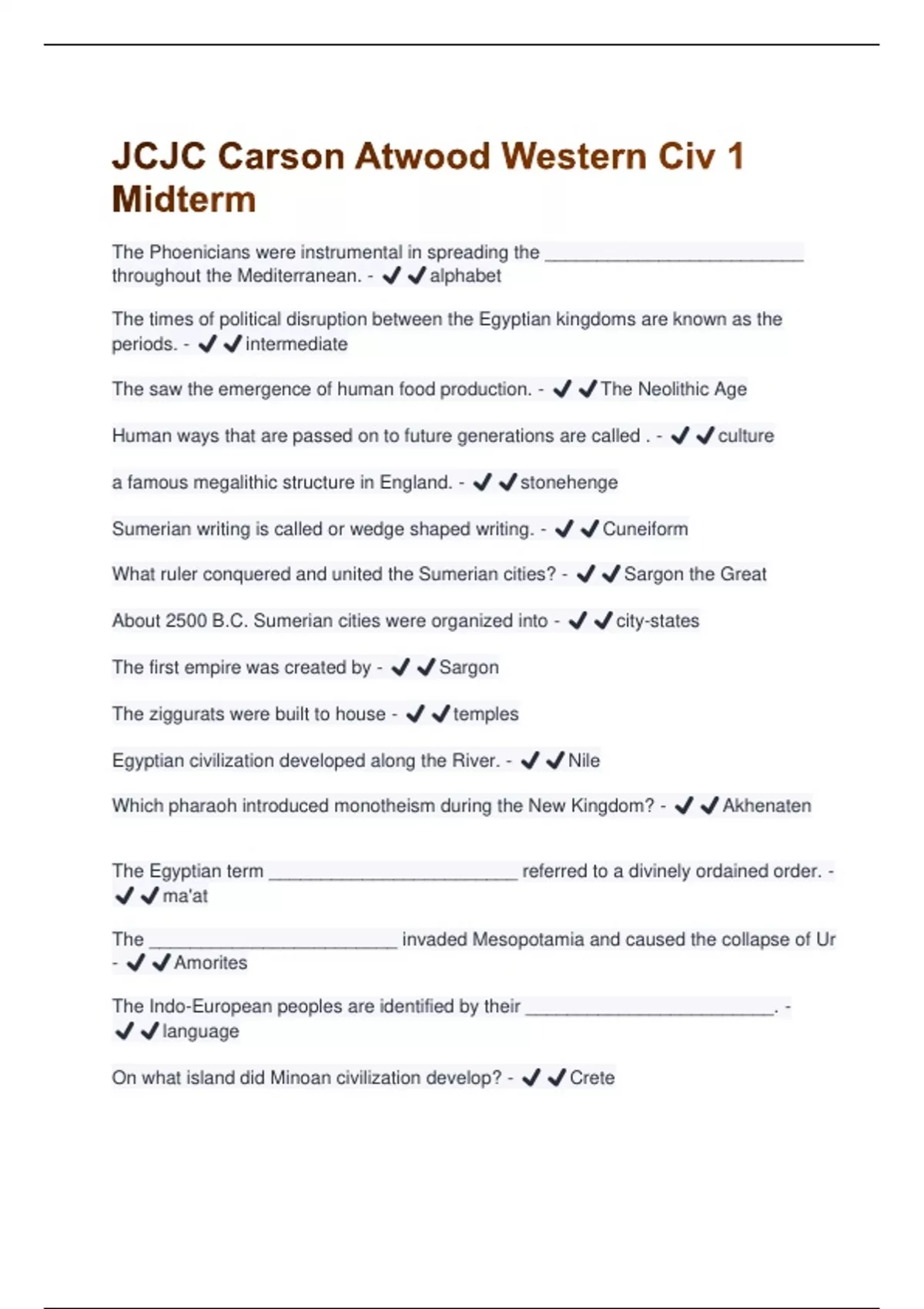 JCJC Carson Atwood Western Civ 1 Midterm Questions With Answers Graded A+ Assured Success - JCJC ...