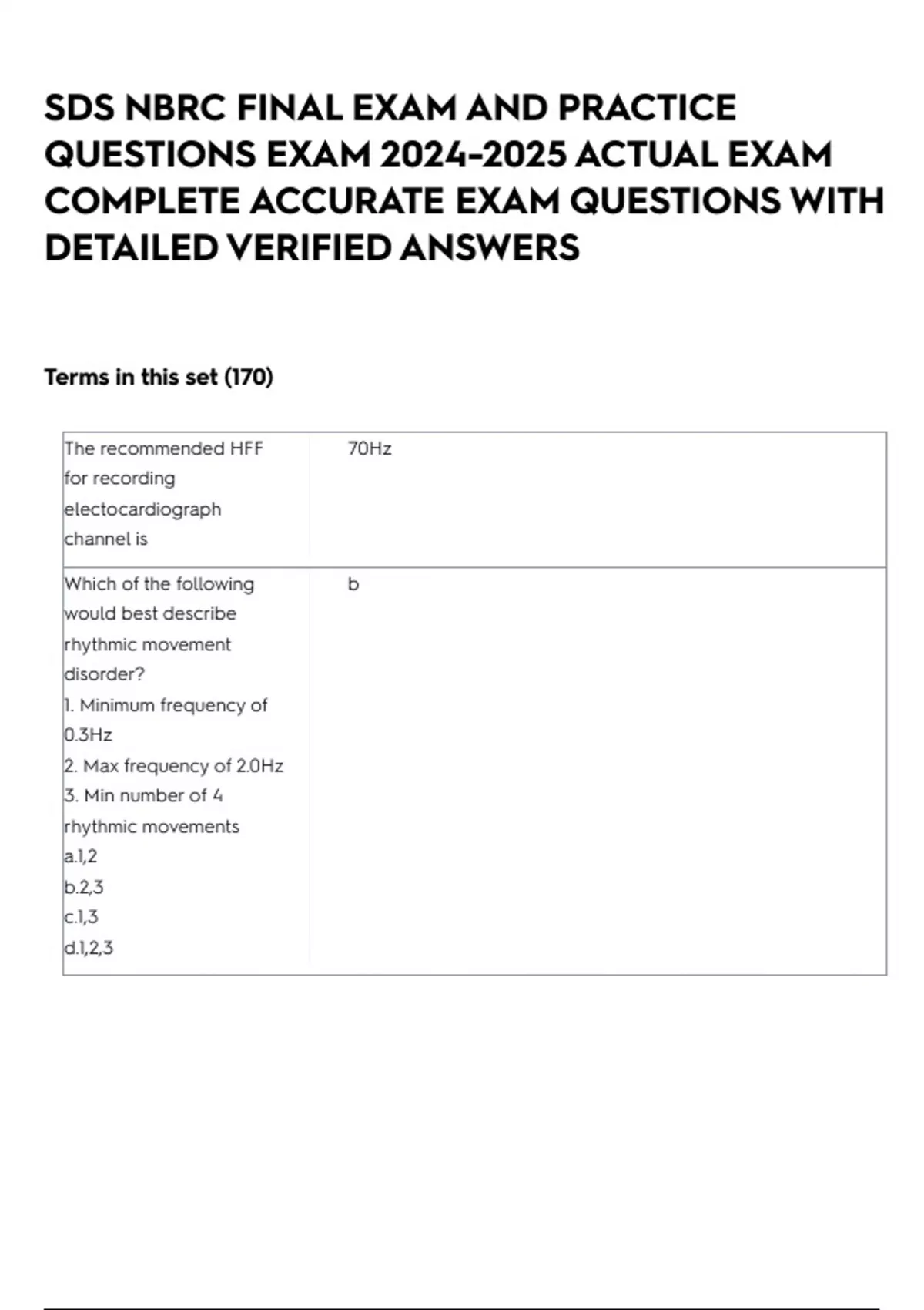 SDS NBRC FINAL EXAM AND PRACTICE QUESTIONS EXAM ACTUAL EXAM COMPLETE ...