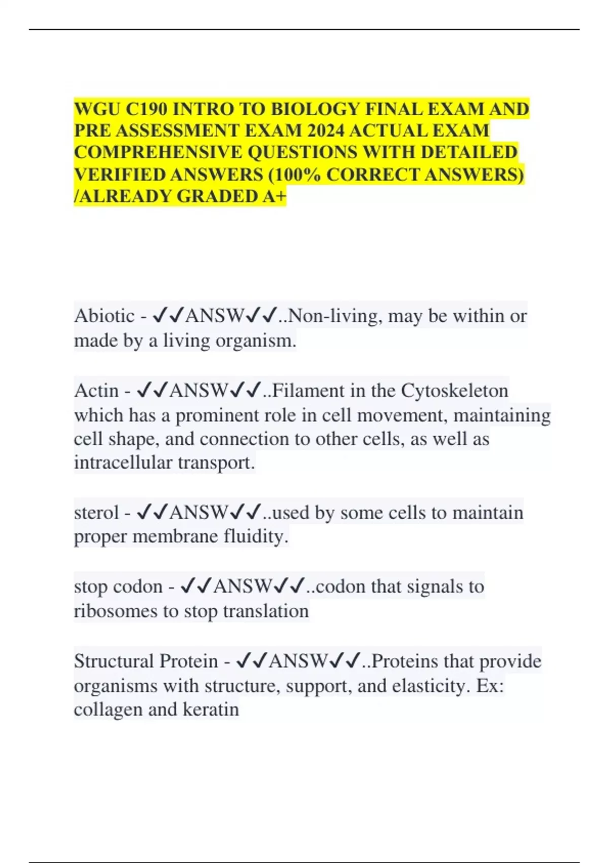 WGU C190 INTRO TO BIOLOGY FINAL EXAM AND PRE ASSESSMENT EXAM 2024 ...