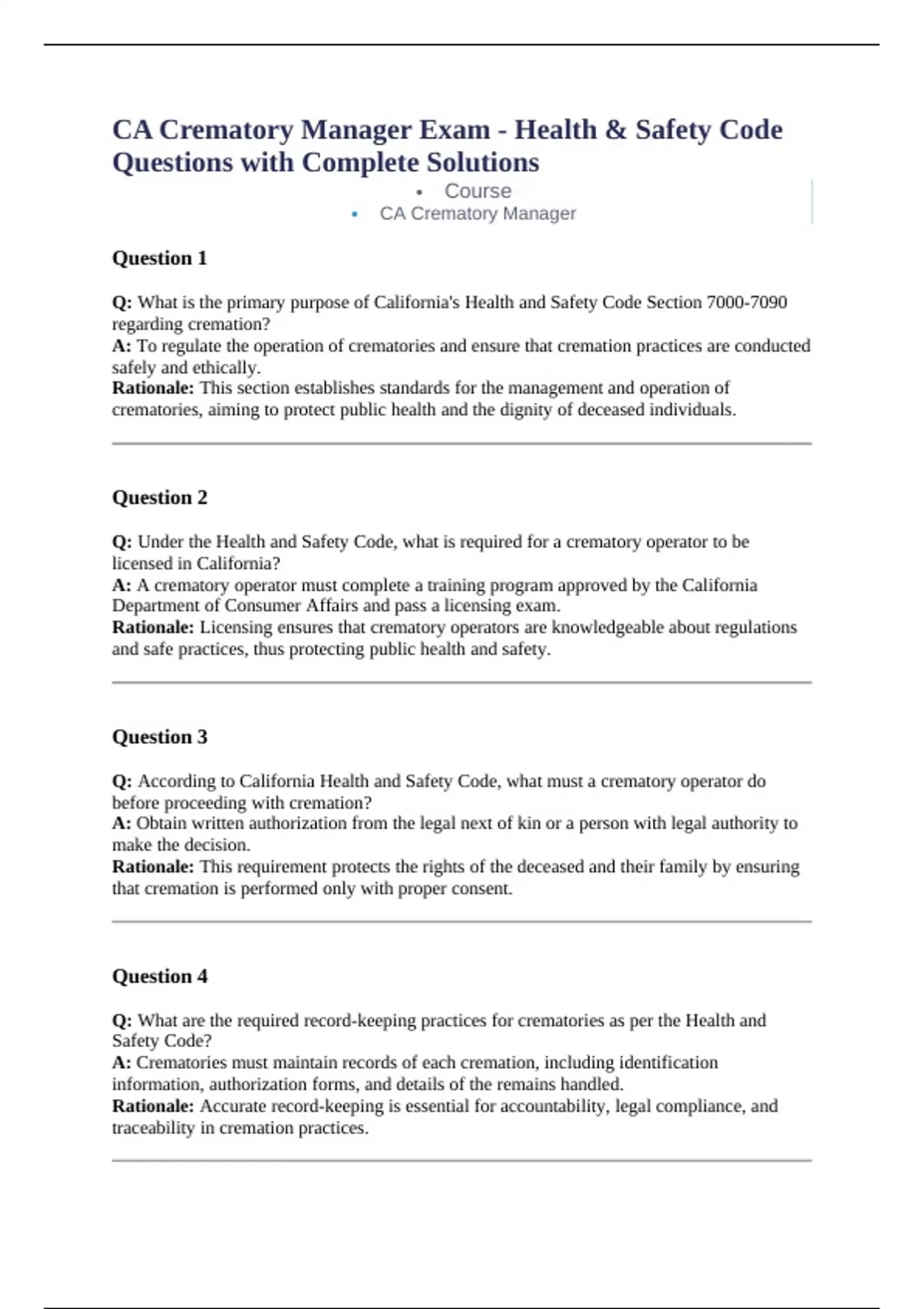 CA Crematory Manager Exam - Health & Safety Code Questions with Complete Solutions - CA ...