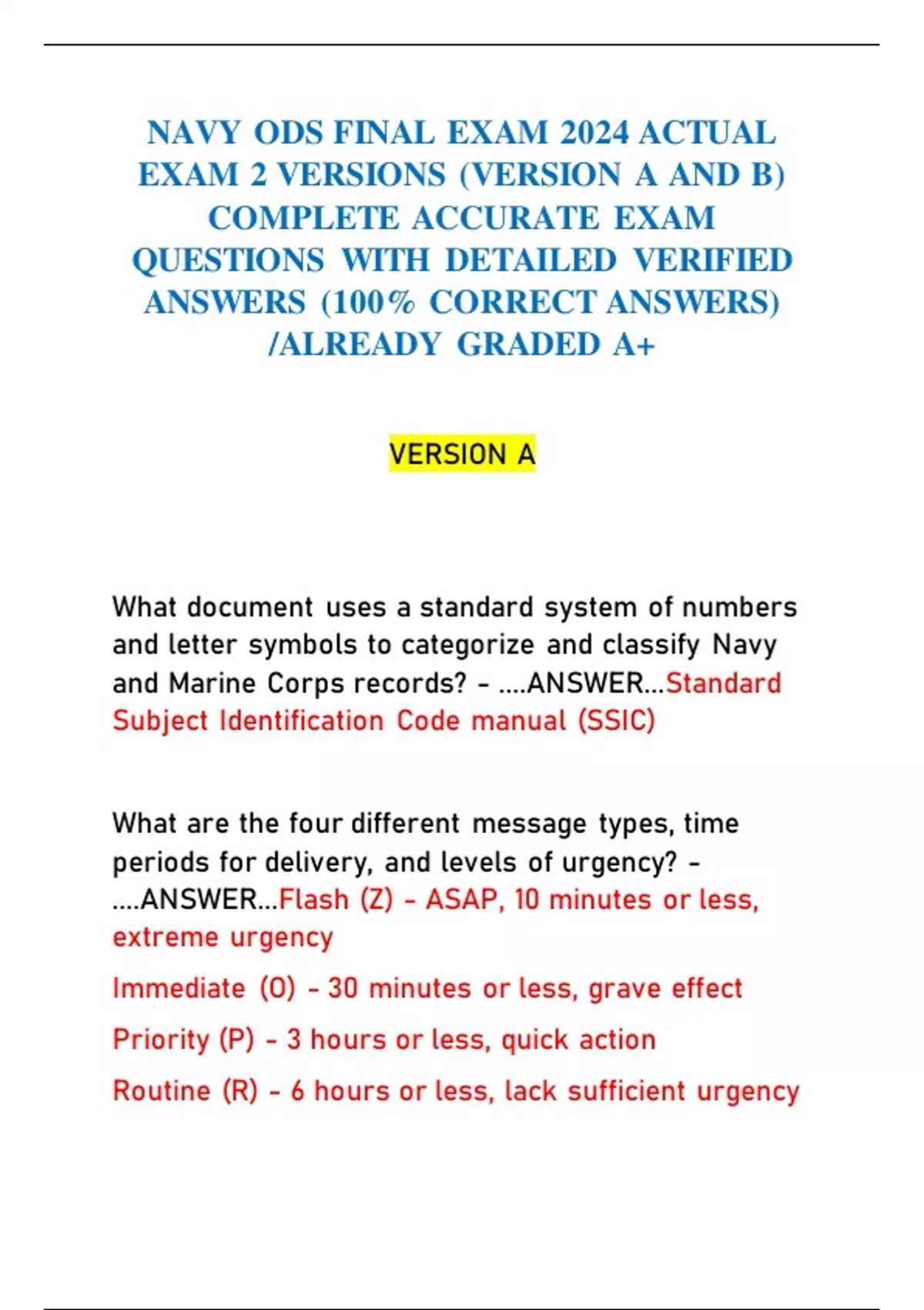 NAVY ODS FINAL EXAM 2024 ACTUAL EXAM 2 VERSIONS (VERSION A AND B ...