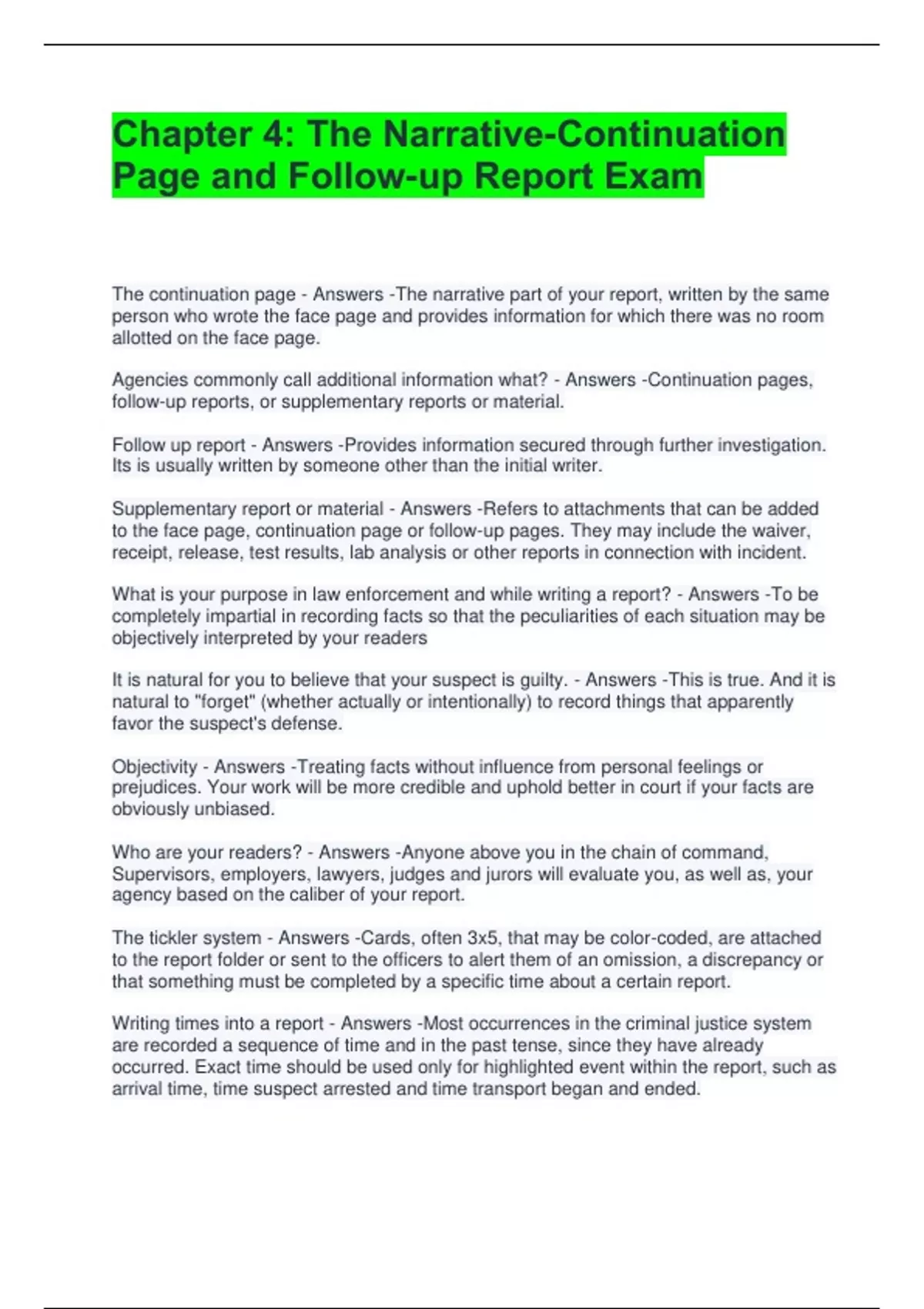 Chapter 4 The Narrative-Continuation Page and Follow-up Report Exam Questions and Answers ...