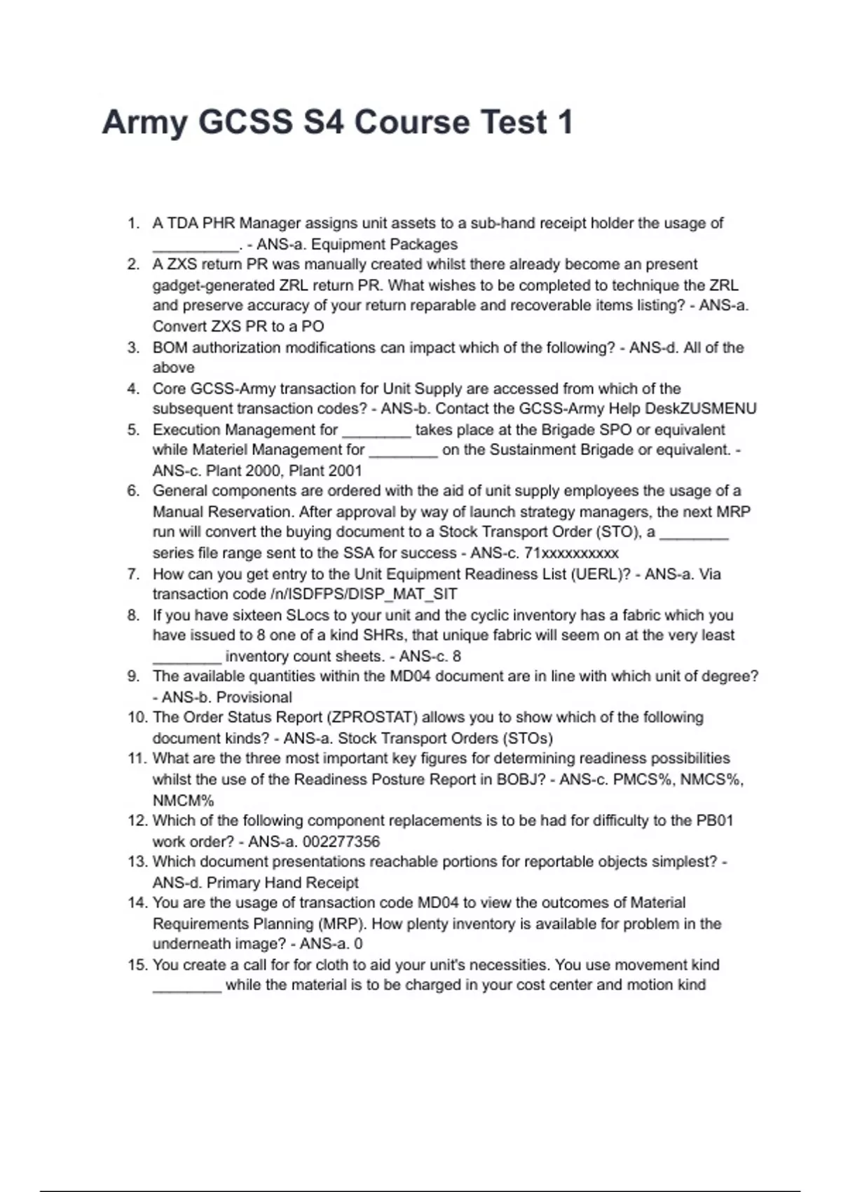 Army Gcss S4 Course Test 1 Questions And Answers 2025 2026 100 Verified Answers By Expert