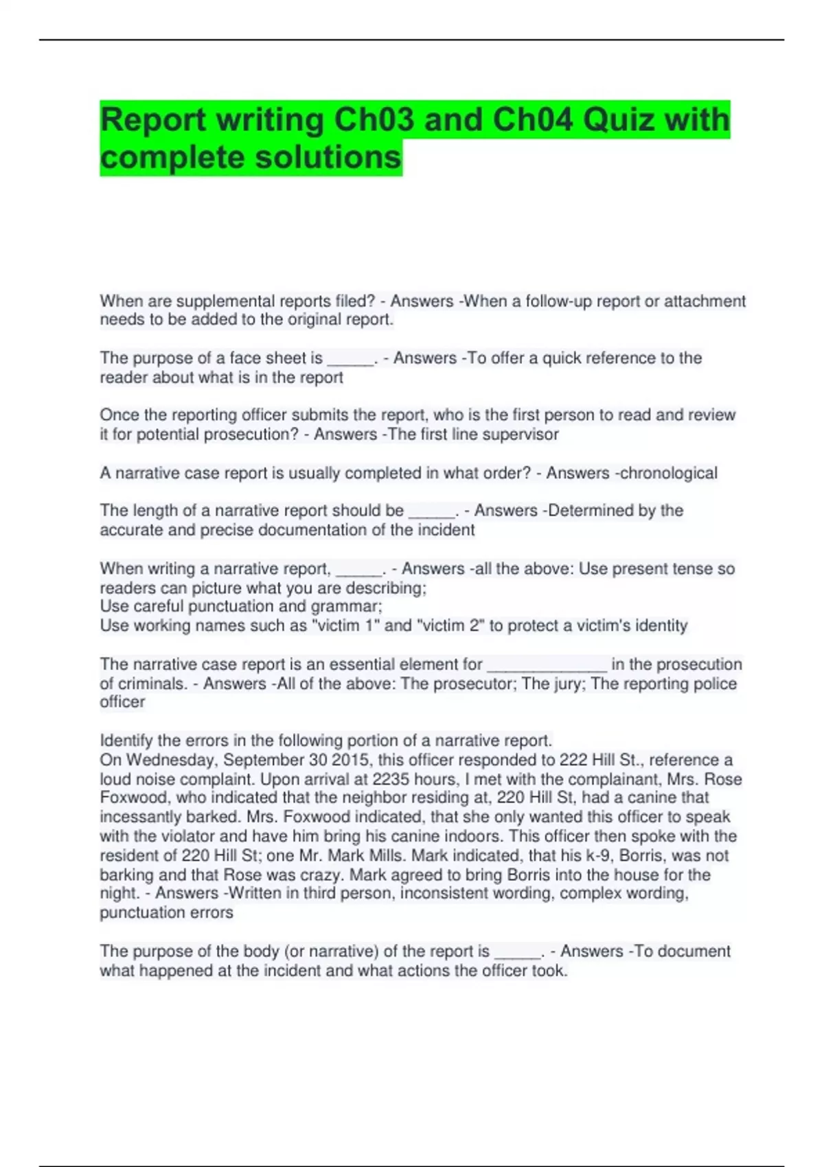 Report writing Ch03 and Ch04 Quiz with complete solutions - Report ...