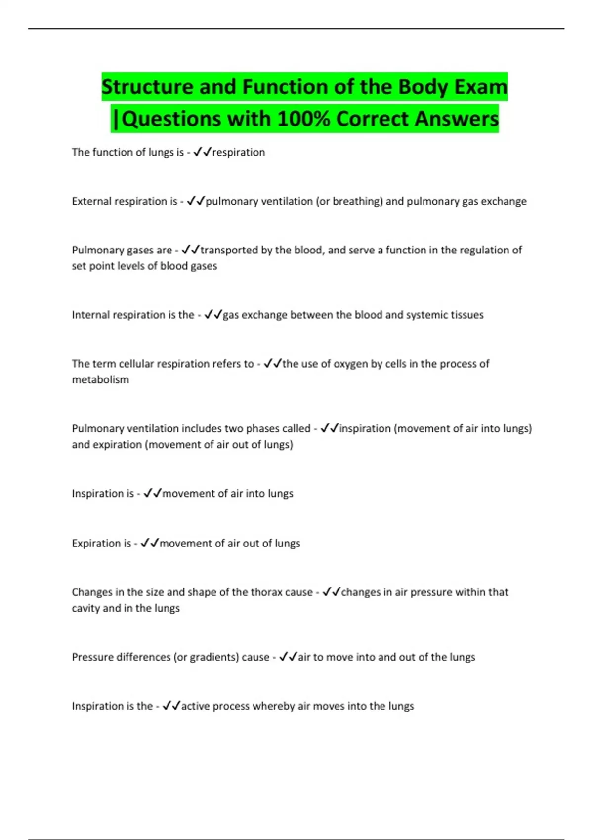 Structure and Function of the Body Exam |Questions with 100% Correct ...