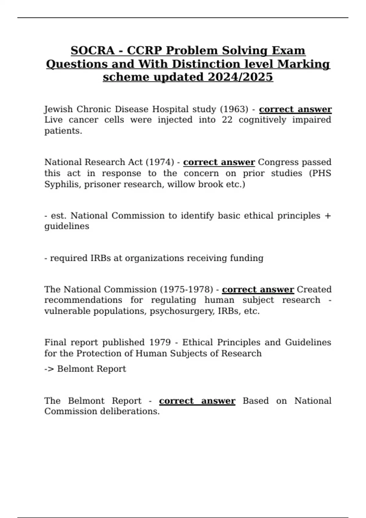 SOCRA - CCRP Problem Solving Exam Questions and With Distinction level Marking scheme updated ...