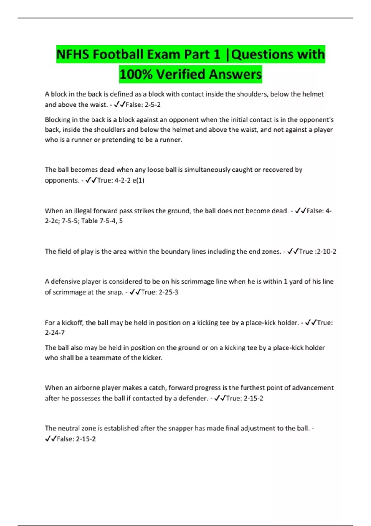 NFHS Football Exam Part 1 |Questions with 100% Verified Answers - NFHS ...