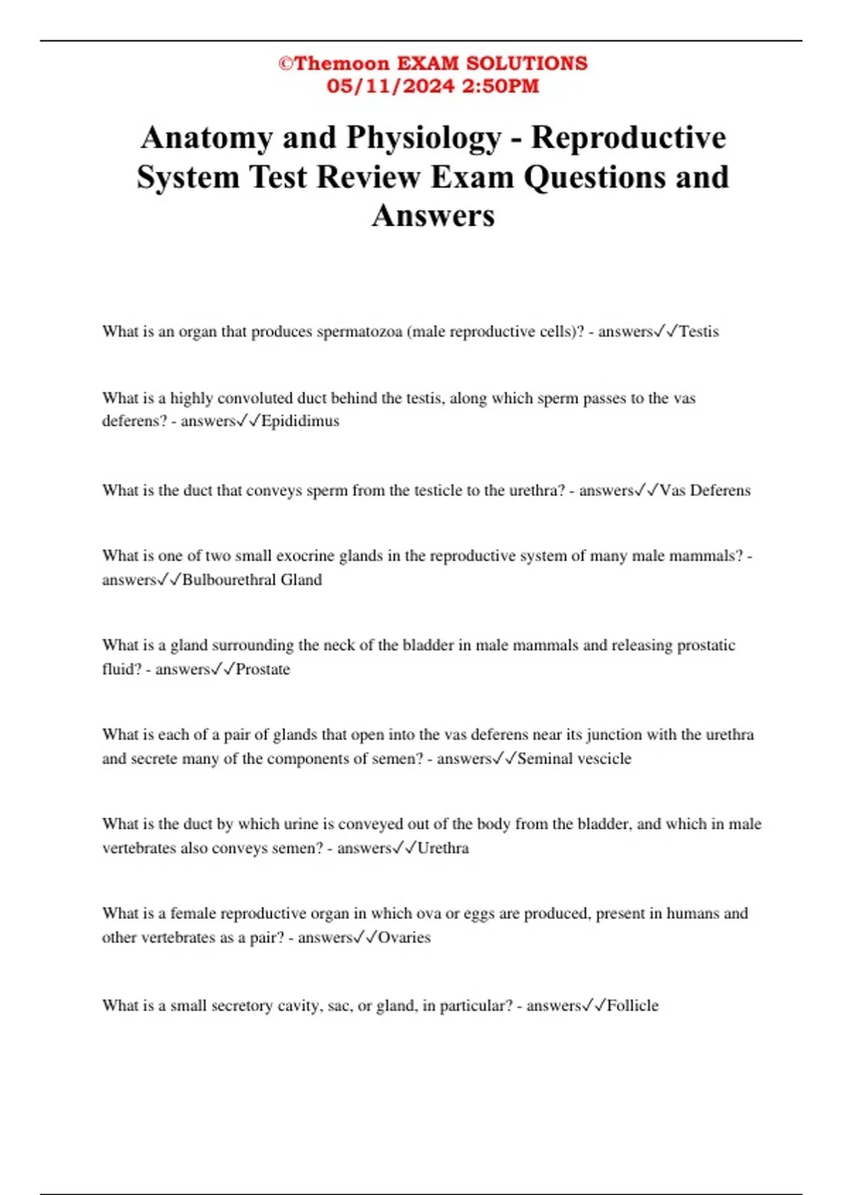 Anatomy and Physiology - Reproductive System Test Review Exam Questions ...