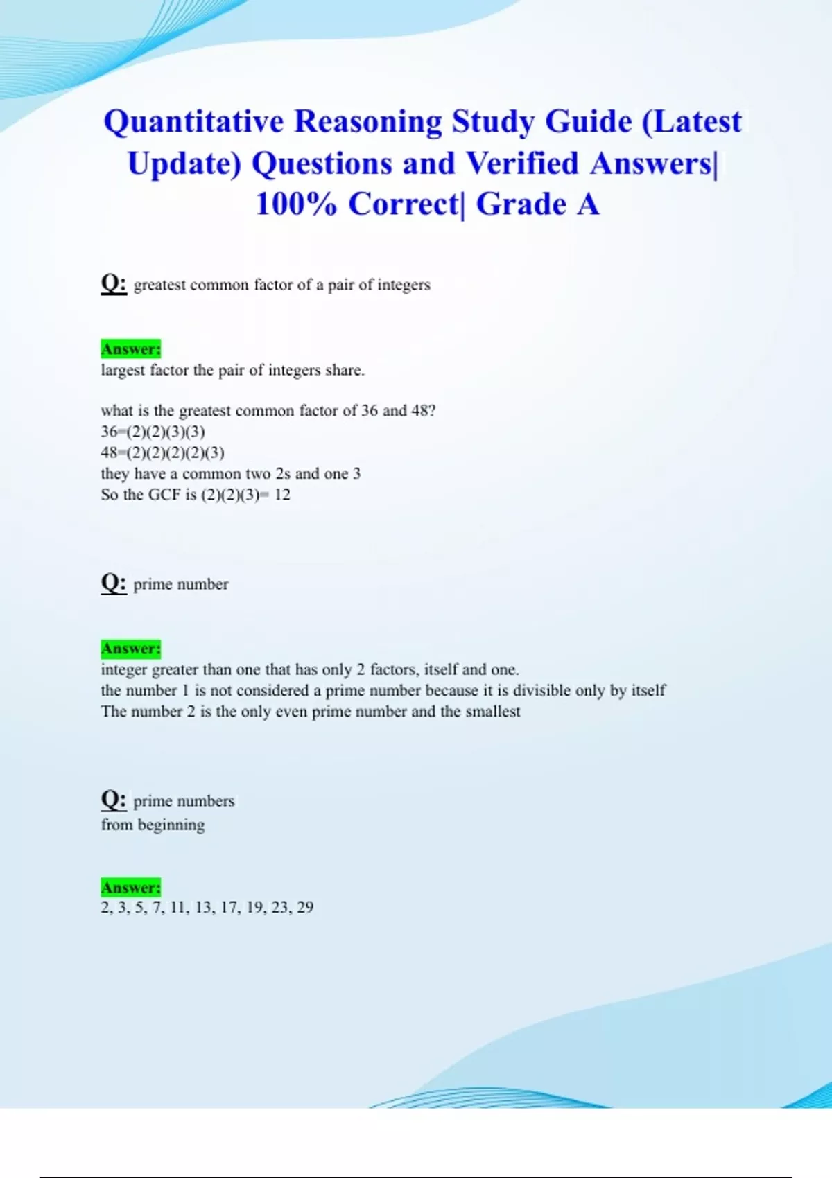 Quantitative Reasoning Study Guide (Latest 2024/ 2025 Update) Questions ...