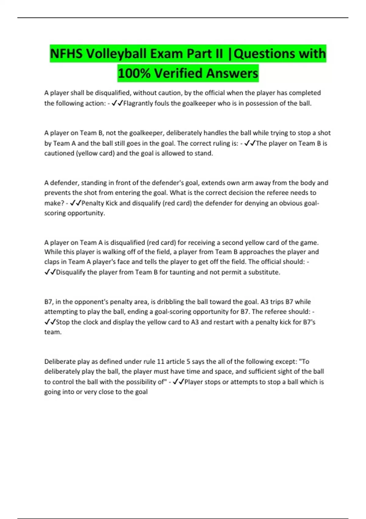 NFHS Volleyball Exam Part I |Questions with 100% Verified Answers ...