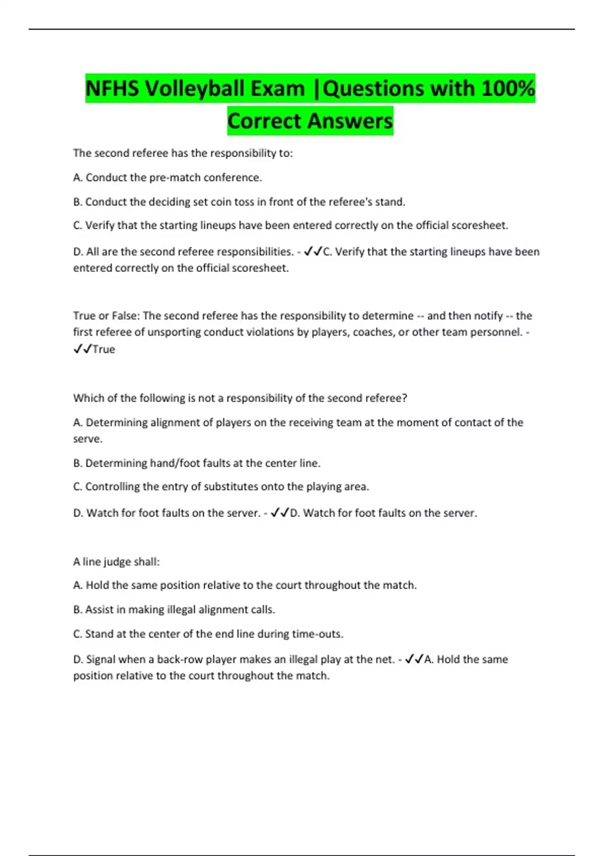 NFHS Volleyball Exam |Questions with 100% Correct Answers - NFHS ...