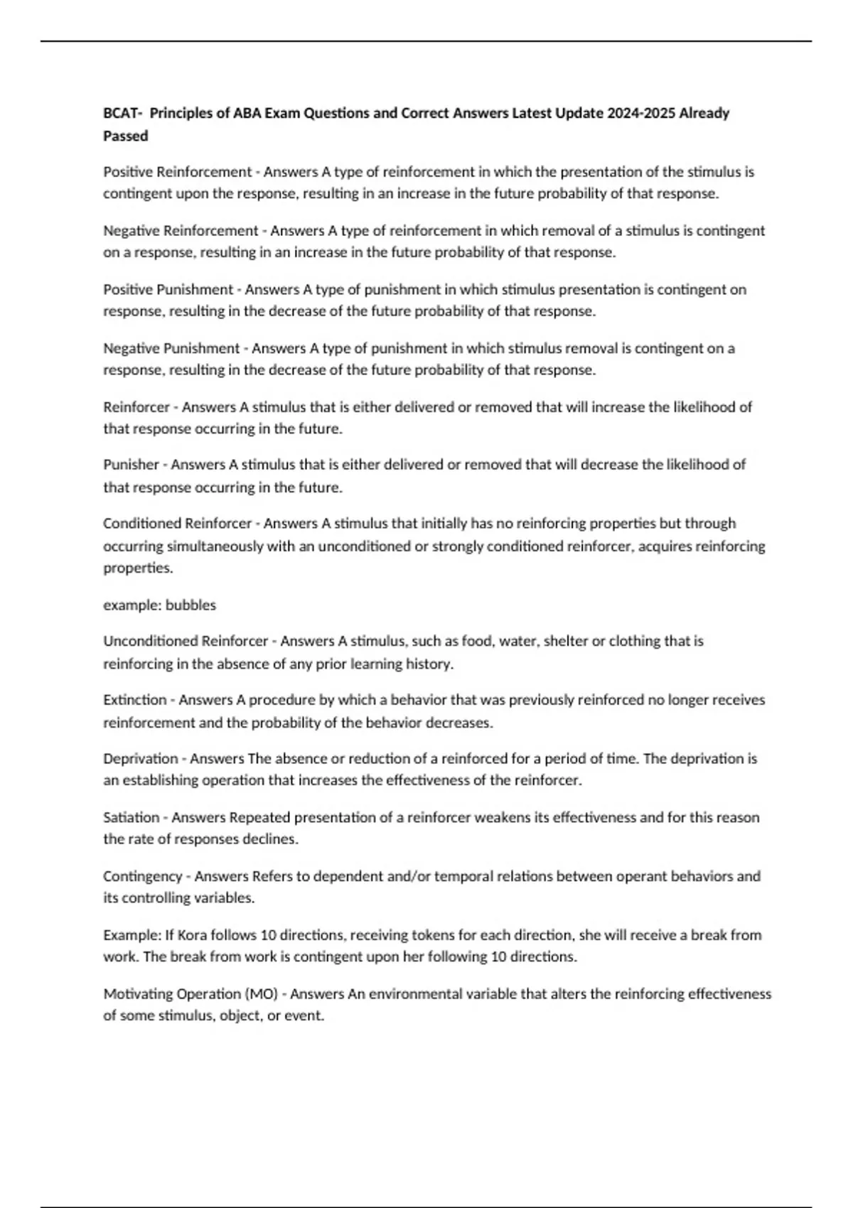 BCAT- Principles of ABA Exam Questions and Correct Answers Latest ...