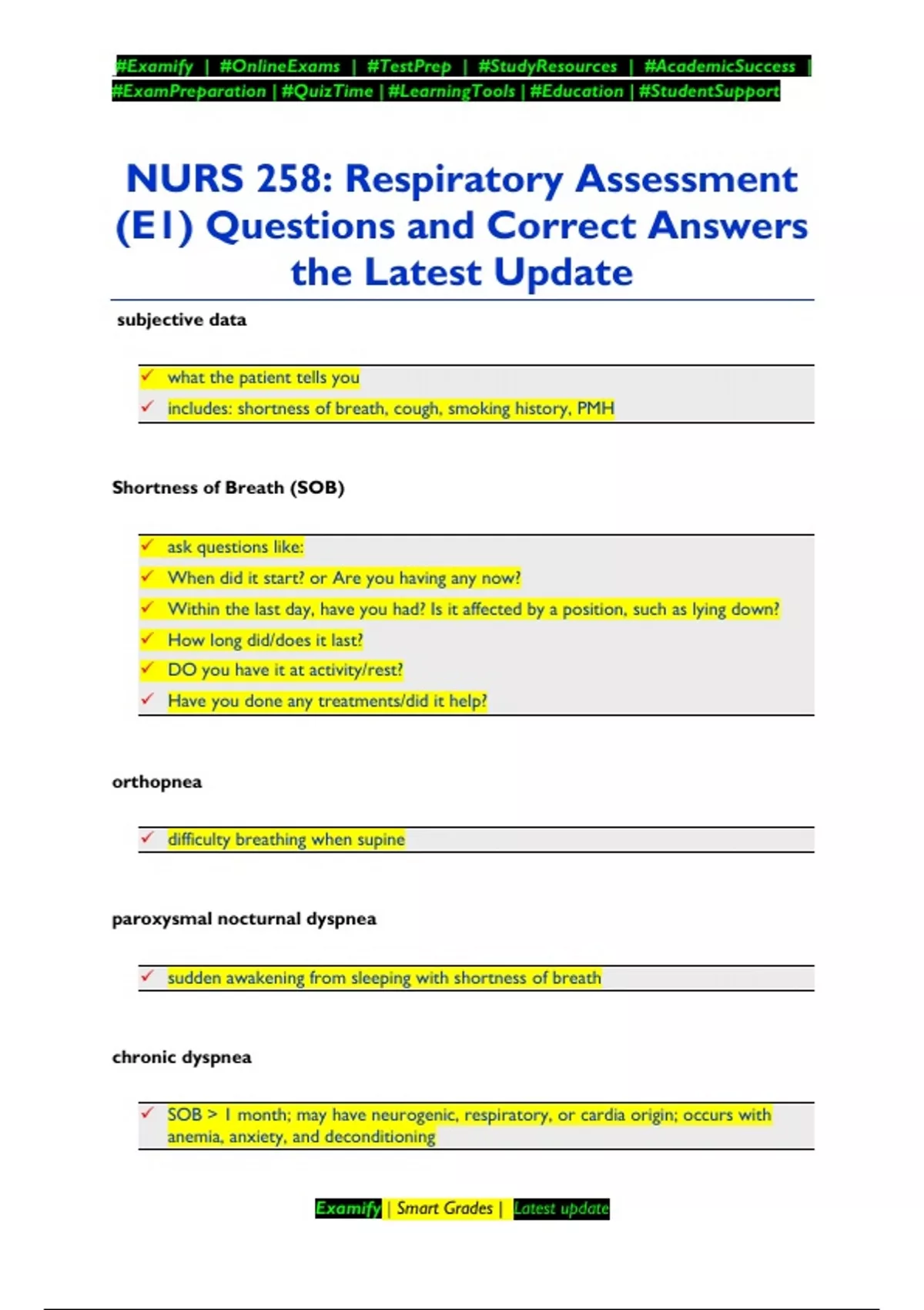 NURS 258: Respiratory Assessment (E1) Questions and Correct Answers the ...