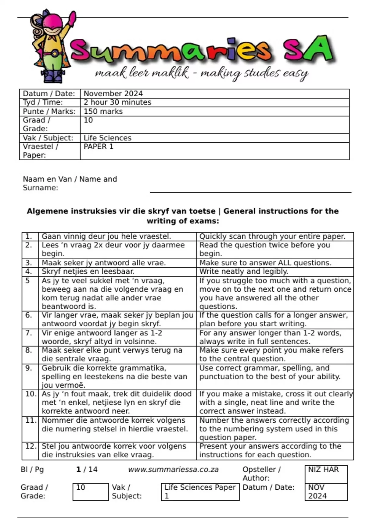 Grade 10 Life Sciences (LS) November Test Paper 1 and Memo – 2024 ...