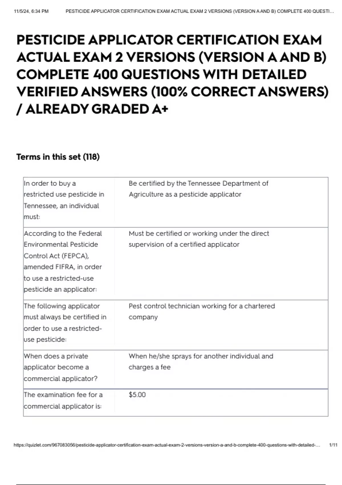 PESTICIDE APPLICATOR CERTIFICATION EXAM ACTUAL EXAM 2 VERSIONS (VERSION A AND B) COMPLETE 400 ...