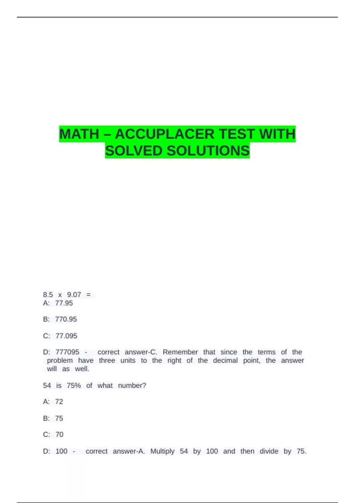 MATH – ACCUPLACER TEST WITH SOLVED SOLUTIONS - ACCUPLACER - Stuvia US