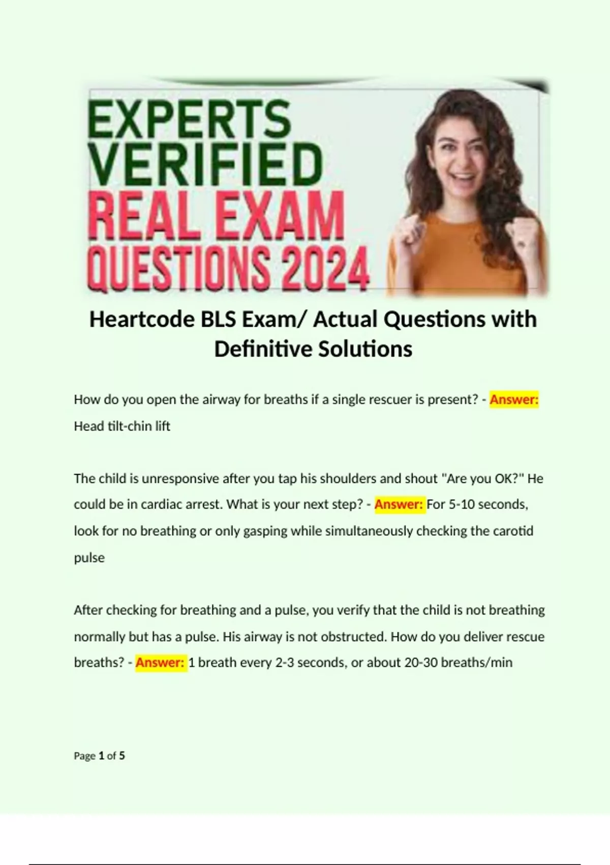 Heartcode BLS Exam/ Actual Questions with Definitive Solutions ...